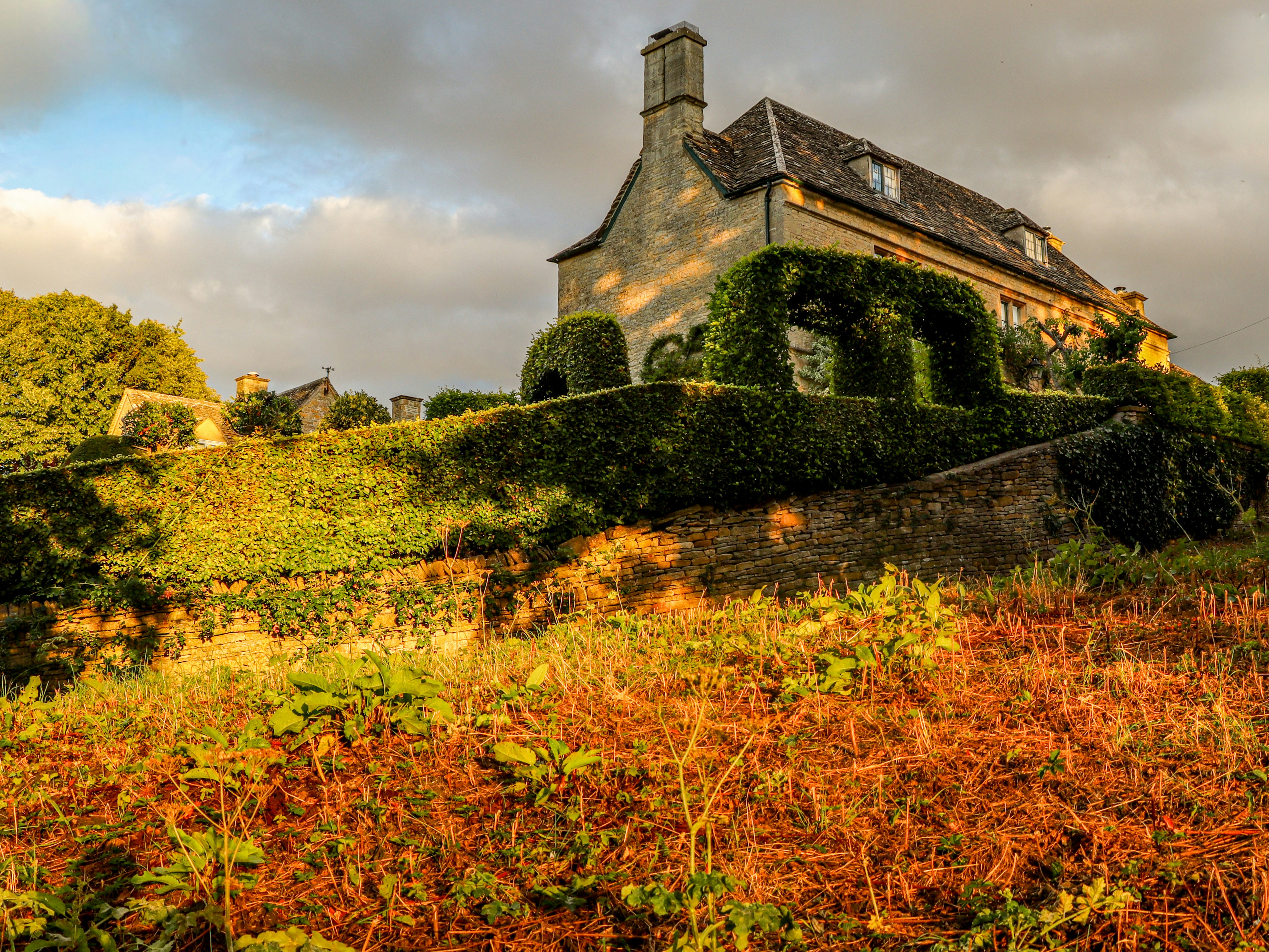 Sunlit Manor Overlooked by a Living Hedge