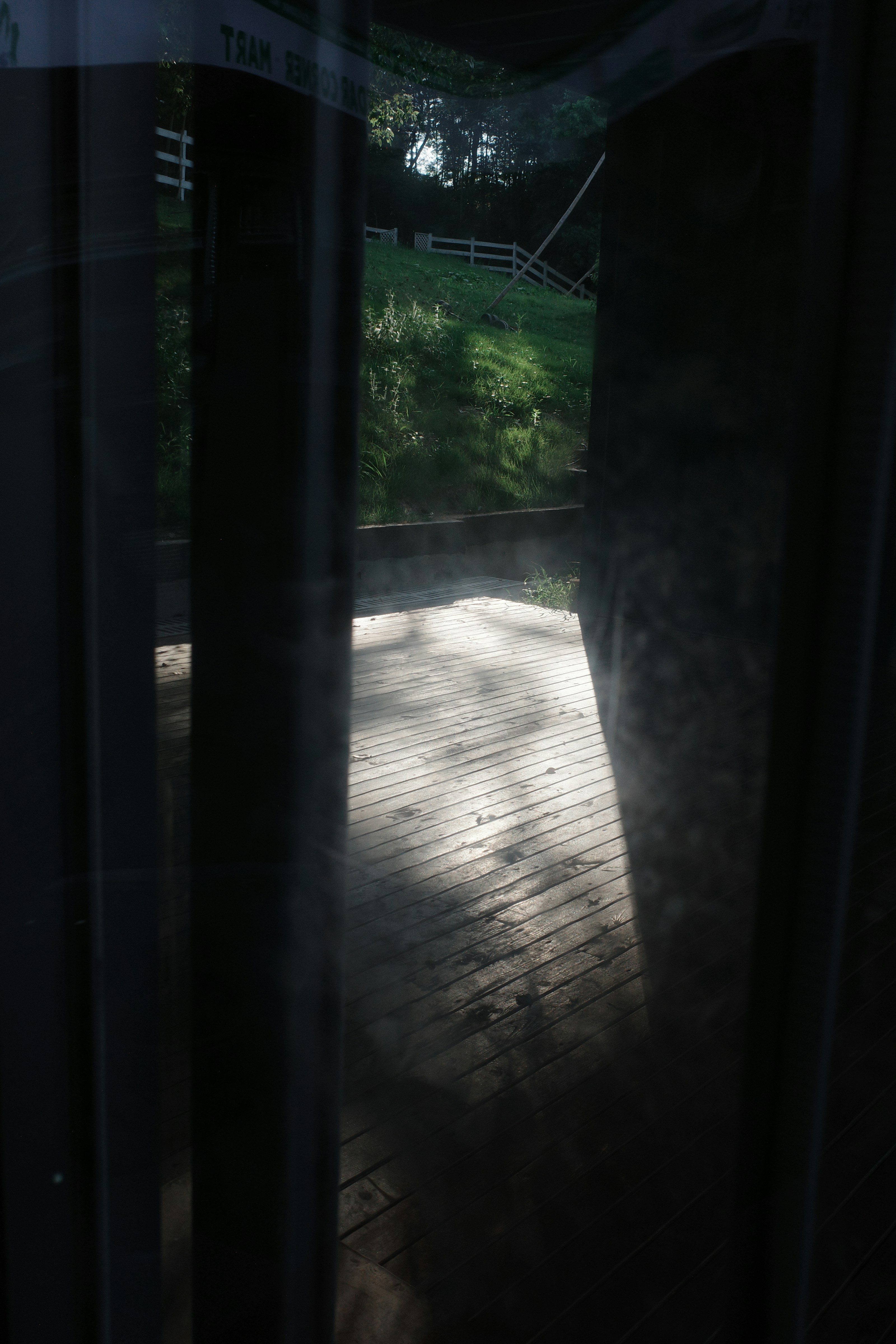 Hidden View Through Wooden Slats: Morning Light on a Quiet Path