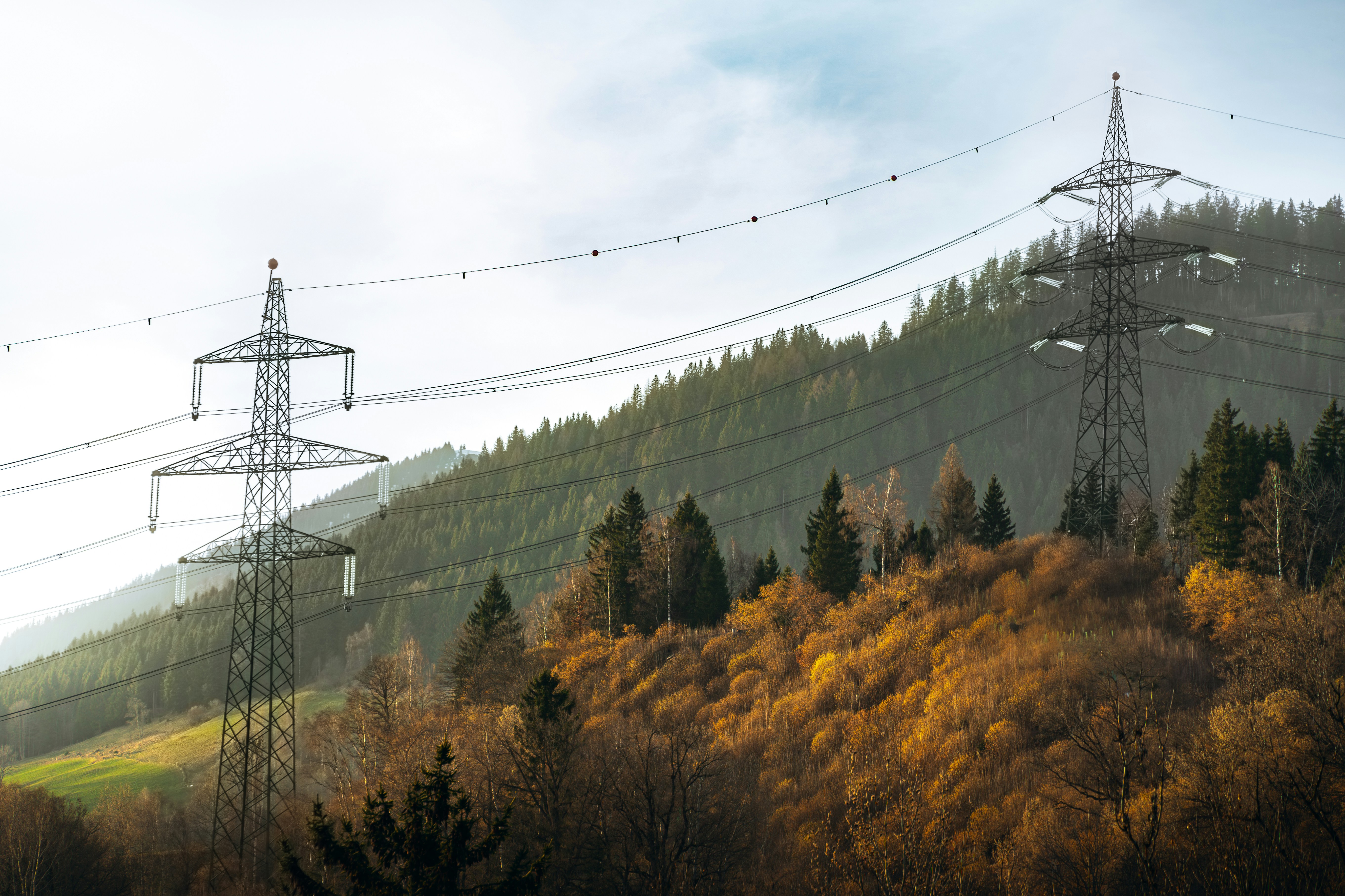 Power Lines Meandering Over Autumn Hills
