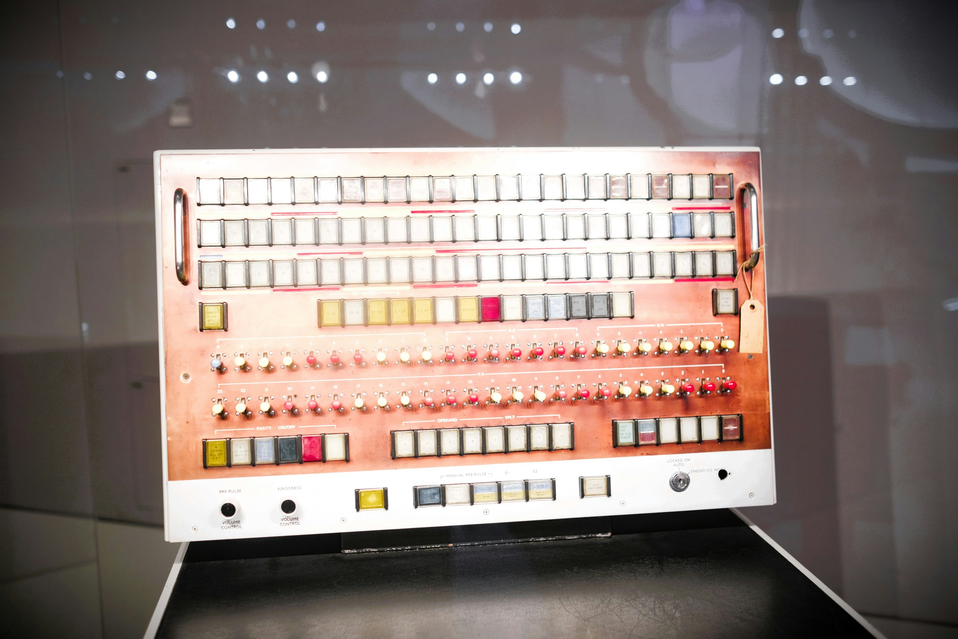 Vintage Electronic Console: A Copper-Hued Keyboard Instrument Display