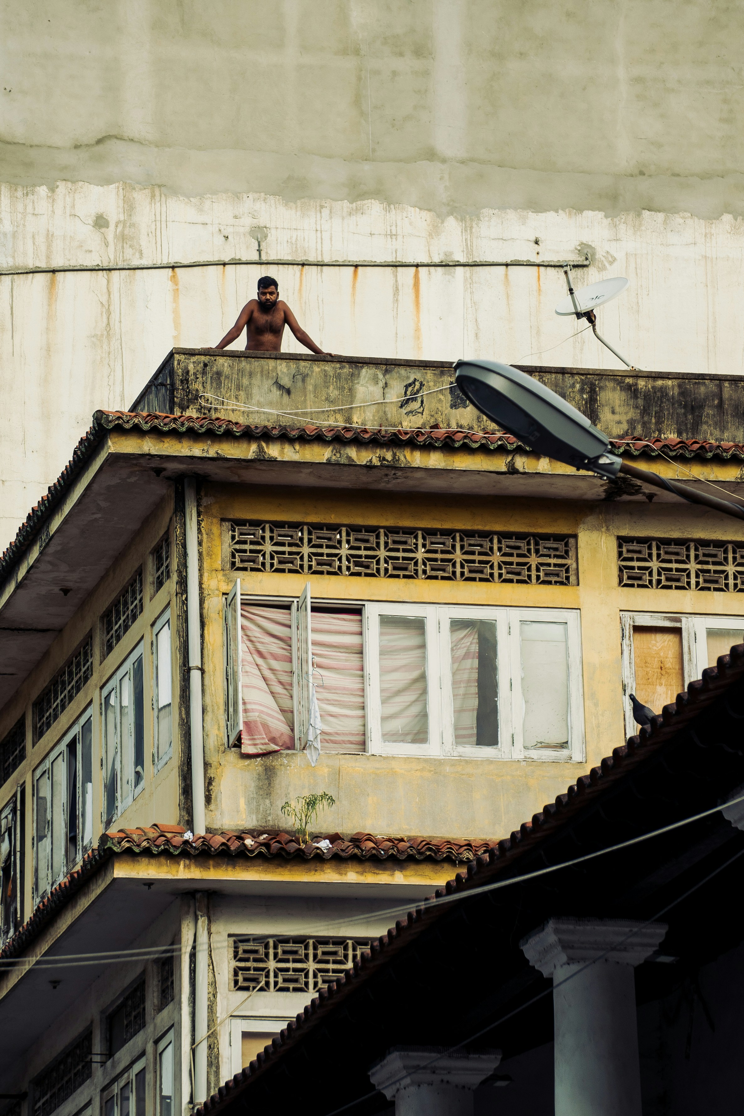 Rooftop Watcher over a Weathered Facade