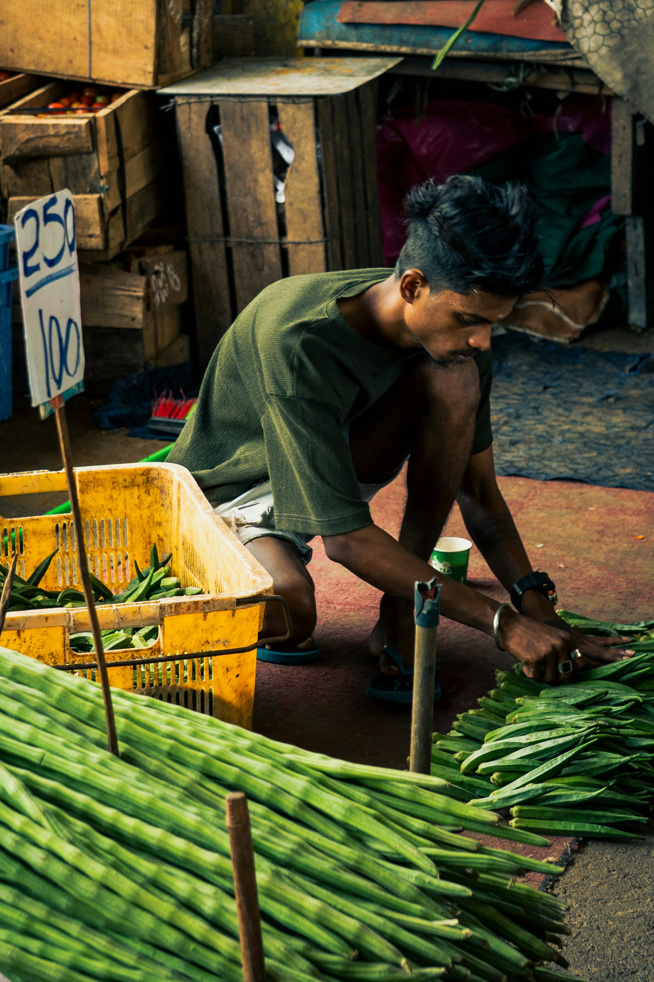 Market Gardener in Focus: A Vendor Arranges Fresh Greens at Dusk
