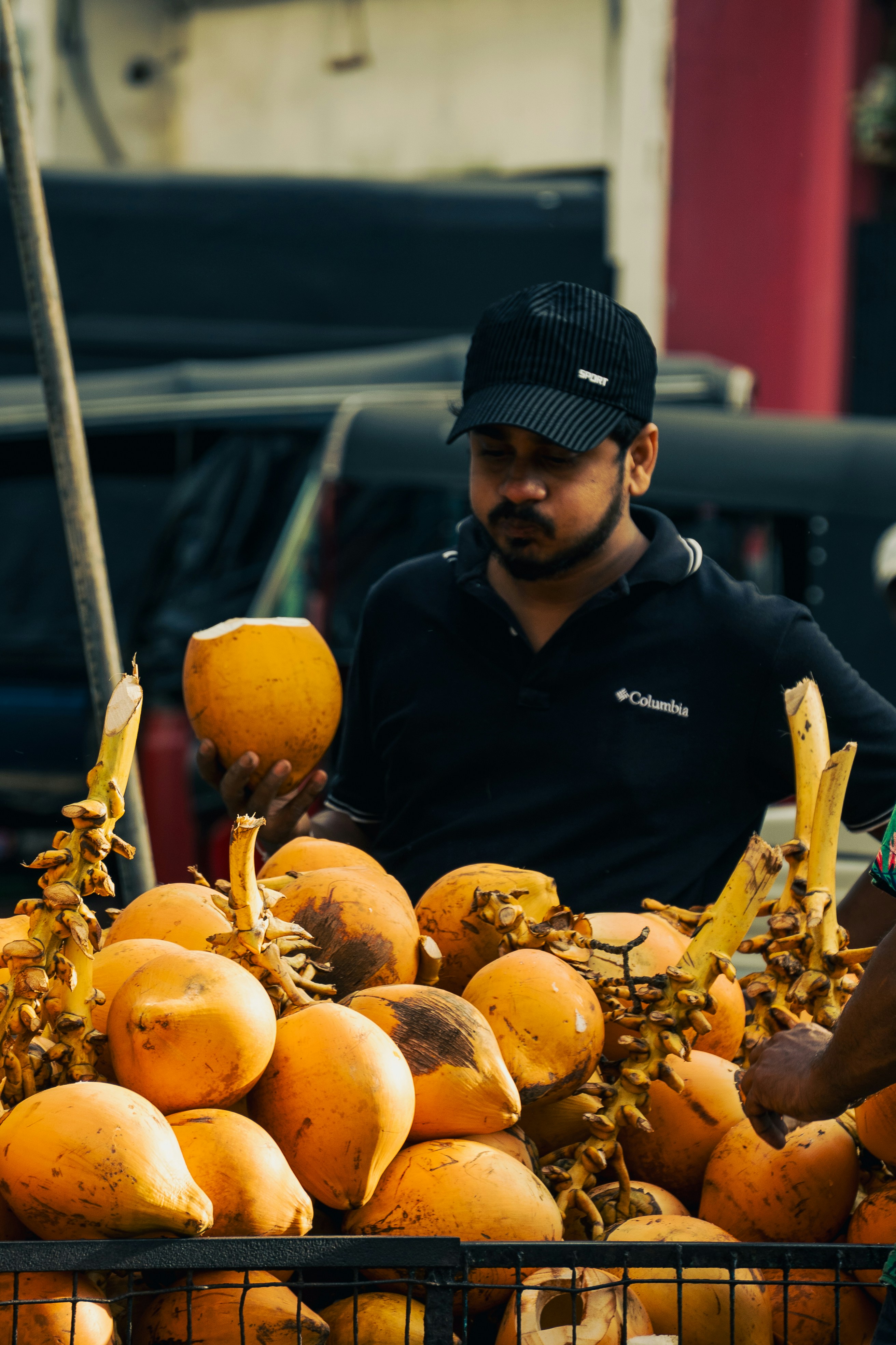 Vendor with a Heap of Golden Coconuts and Banana Shoots