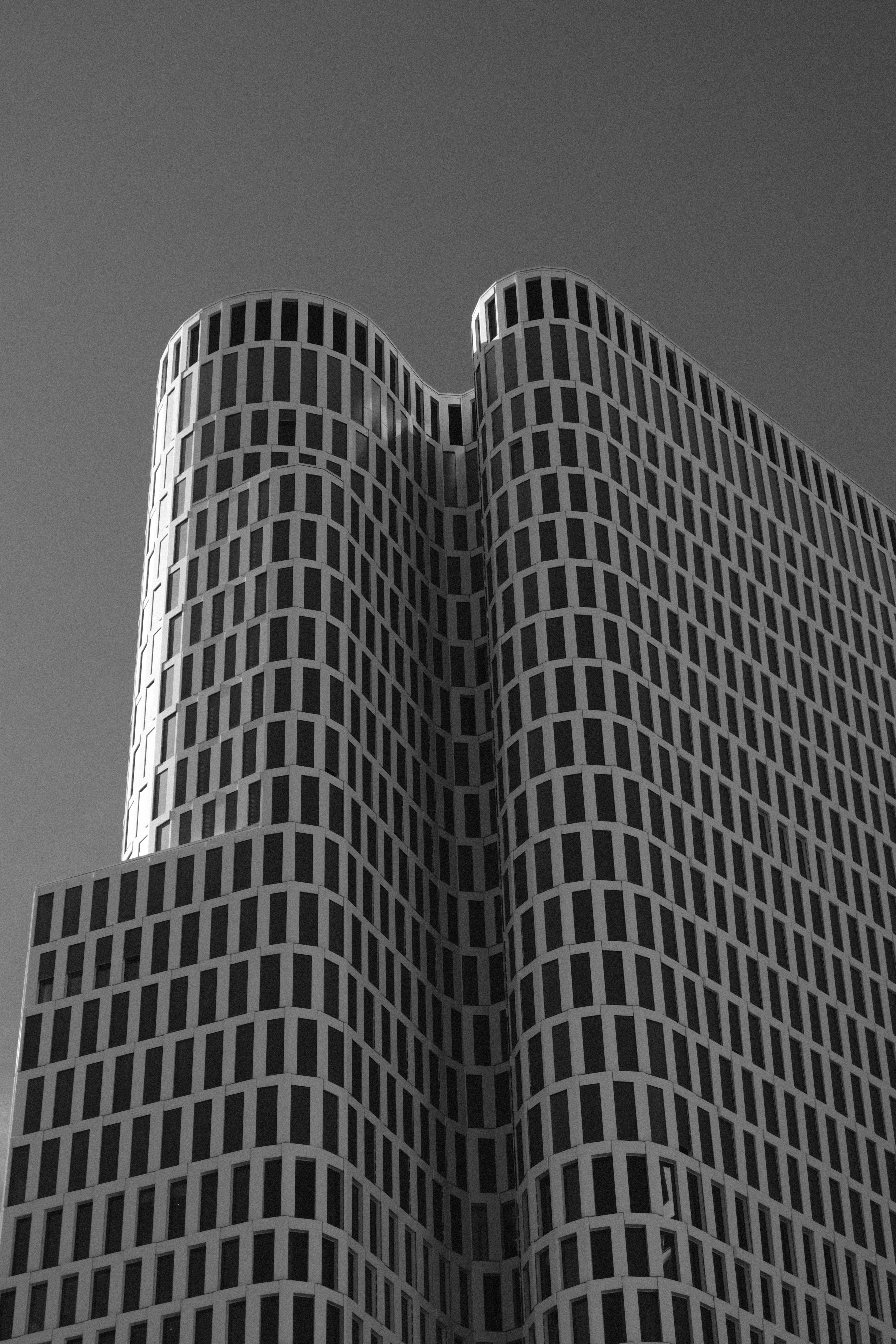 Curved Facades in Monochrome: A Tactile Grid of Light and Shadow
