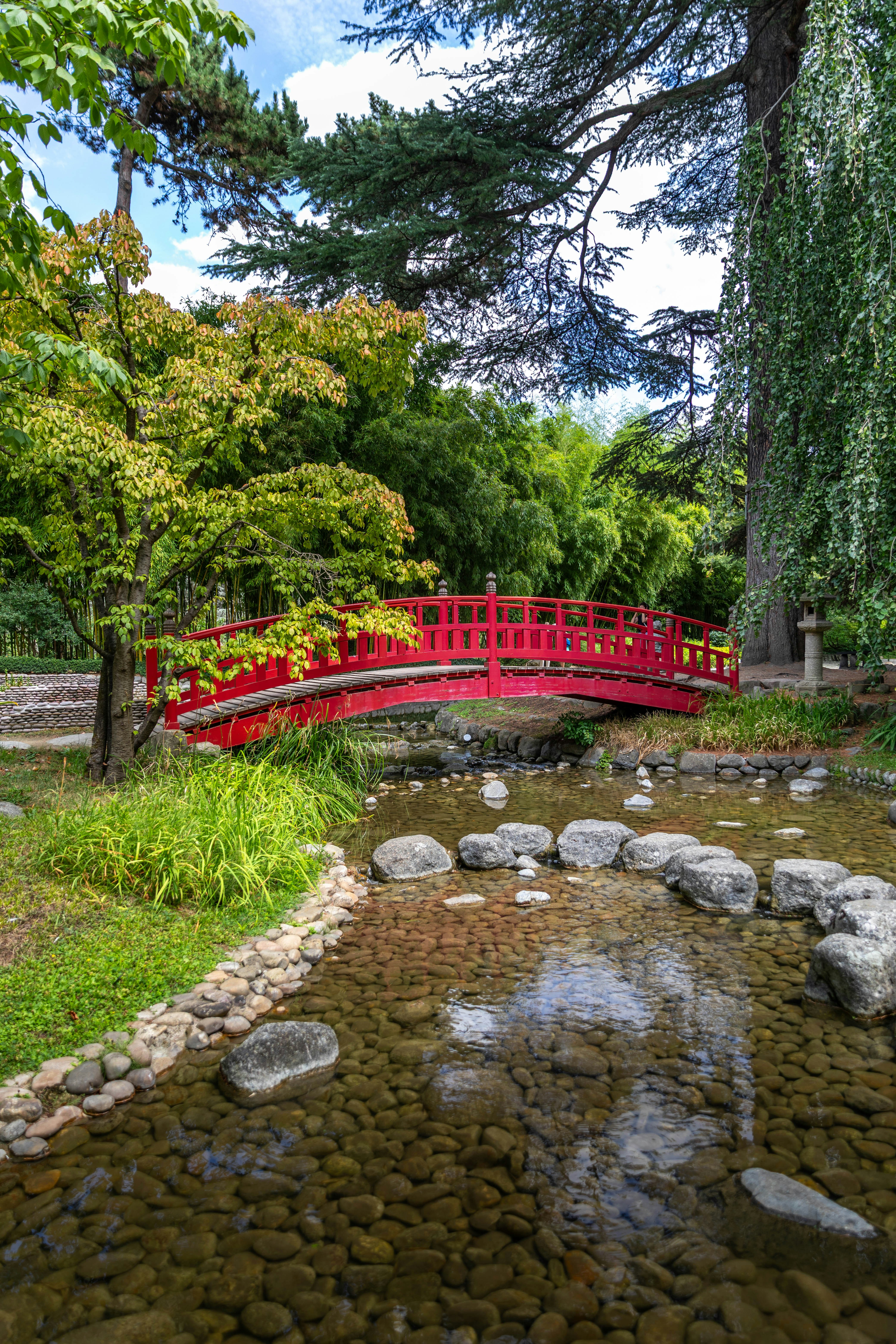 Crimson Arch Over a Quiet Riverside in a Lush Japanese Garden