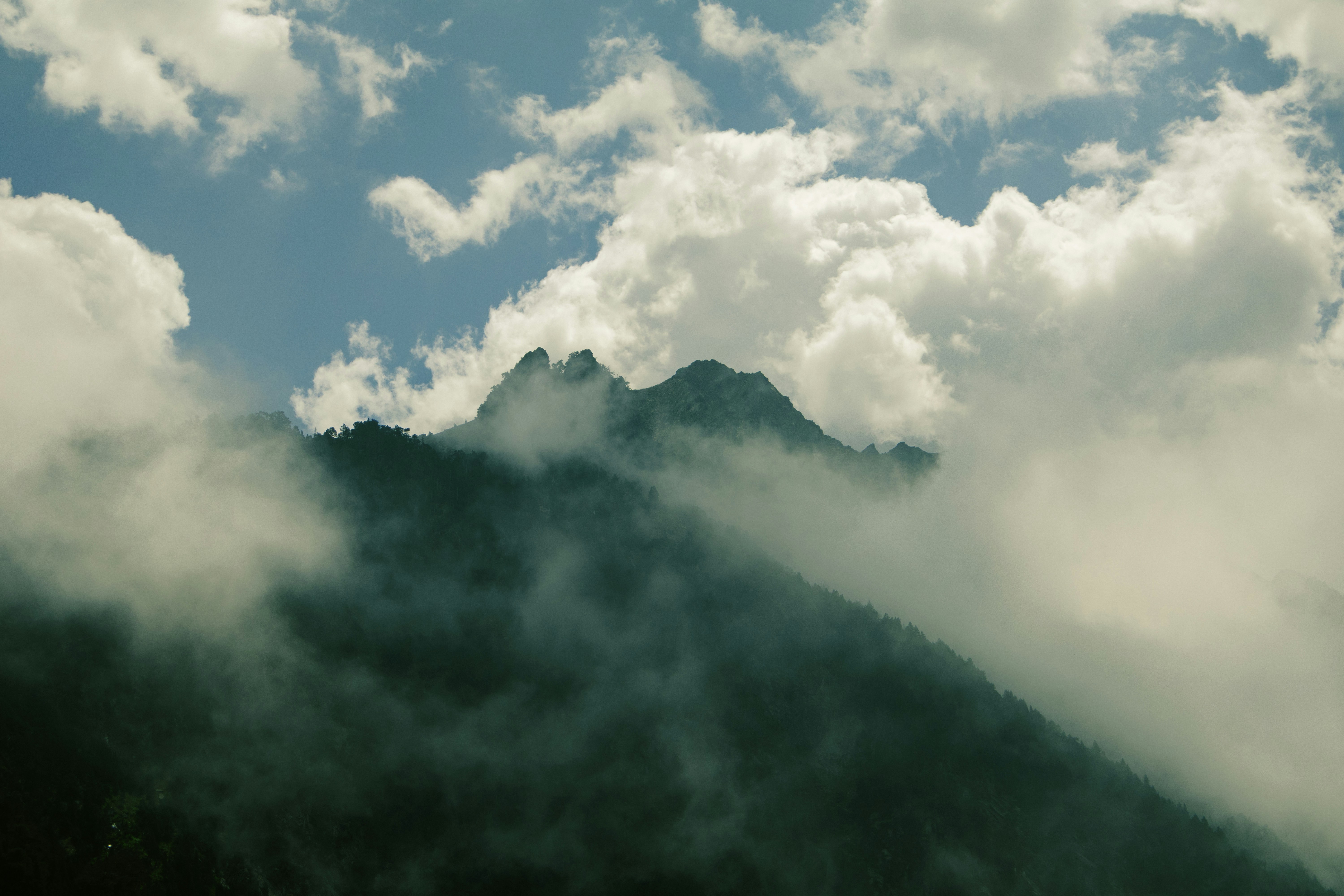Mist-Clad Summit Pierced by Light