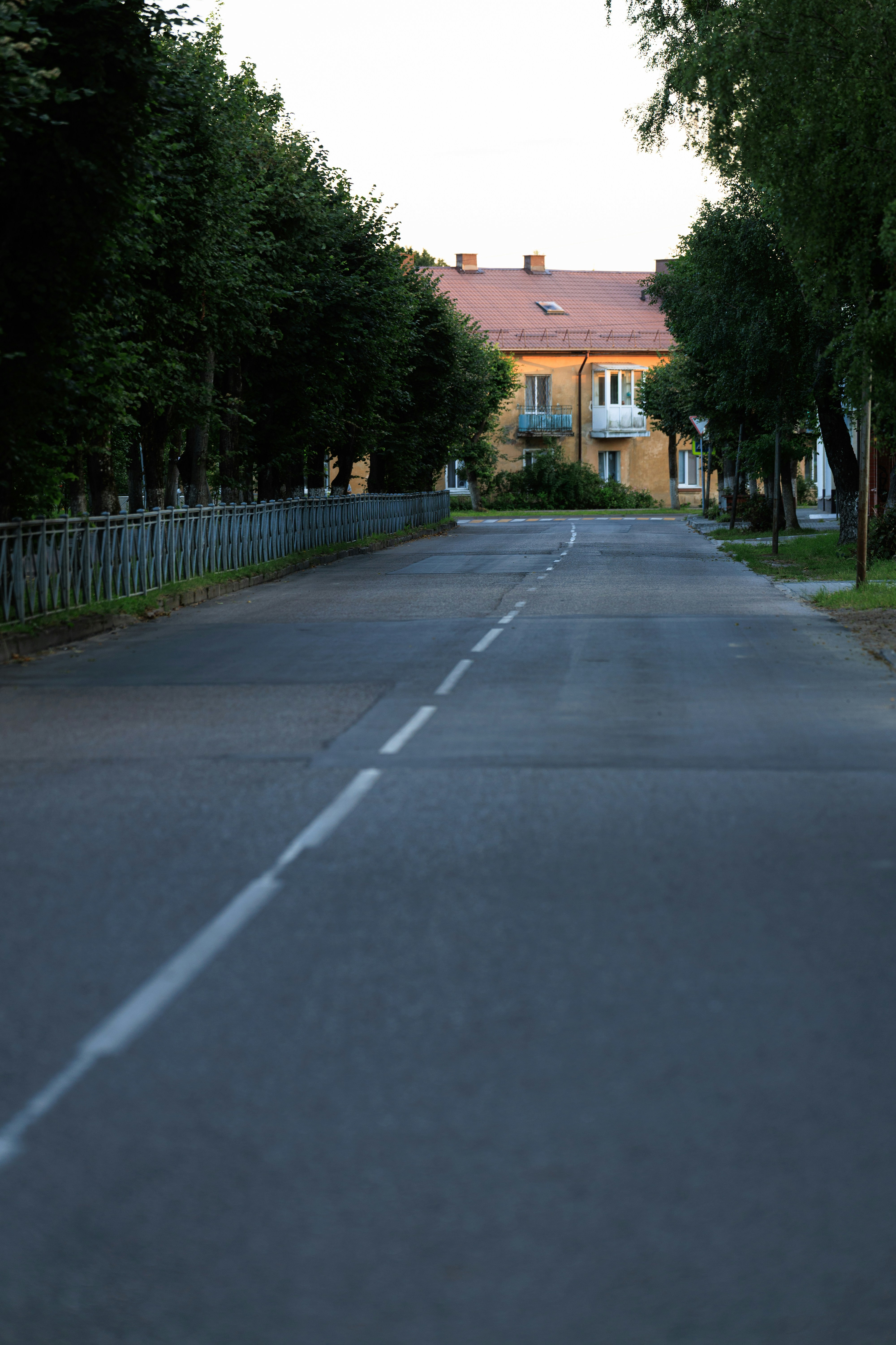Approaching Dormant Avenue: A Quiet Street Toward a Sunlit Row of Flats