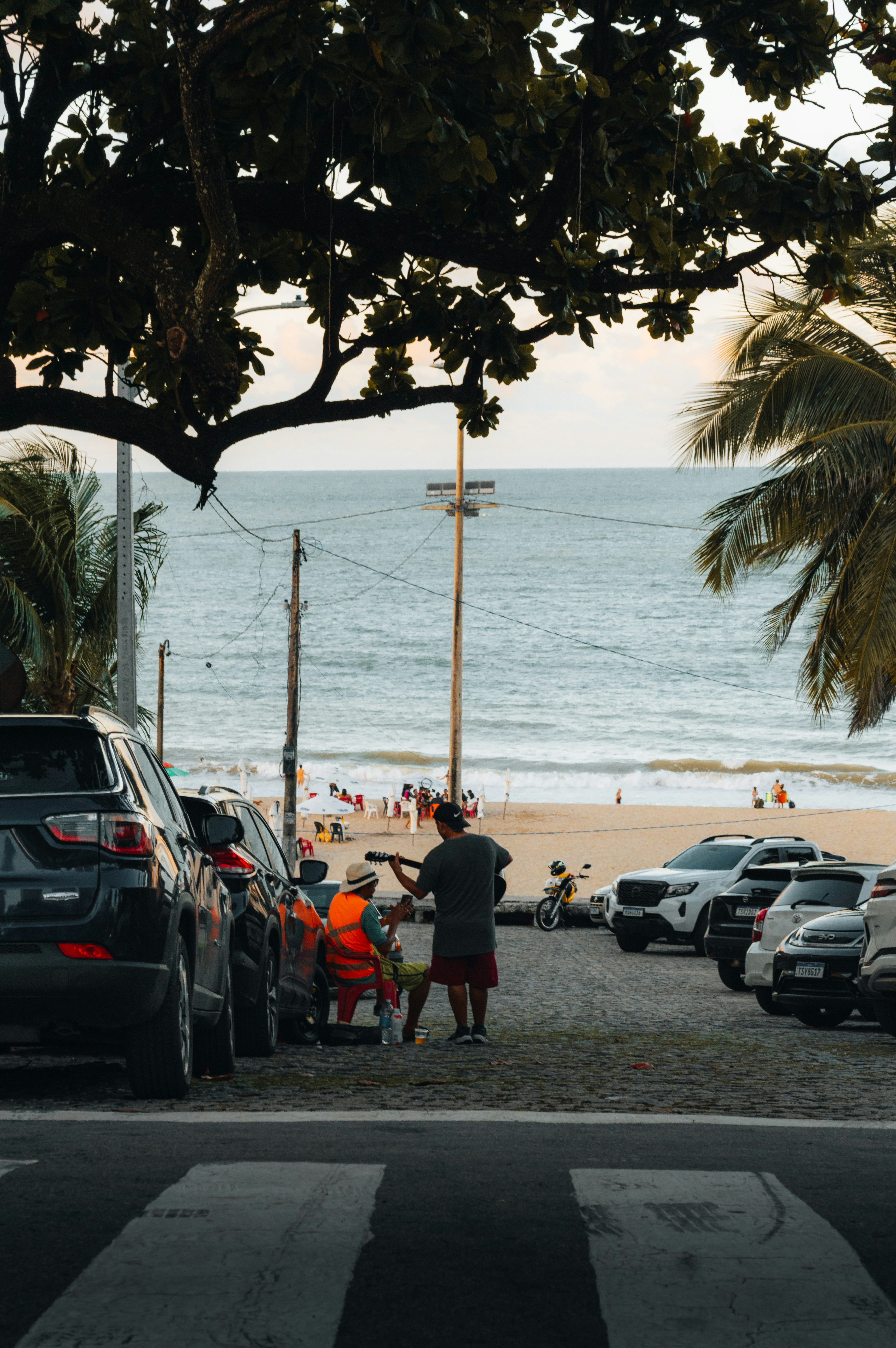 Beachside Rendezvous: A Quiet Moment Amid Parking Lot Buzz
