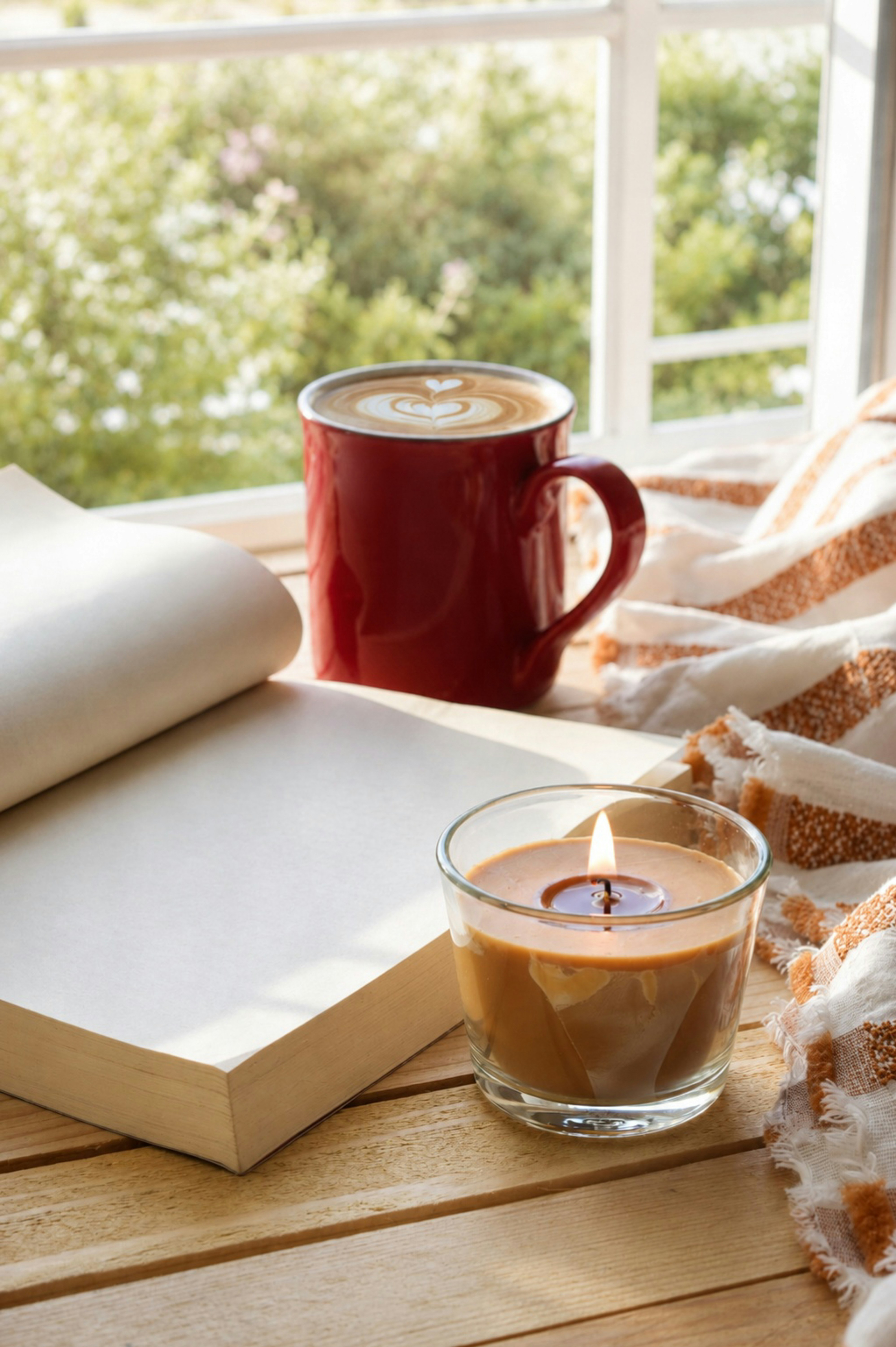 Cozy Morning Breath: Open Notebook, Coffee, and Candle Glow