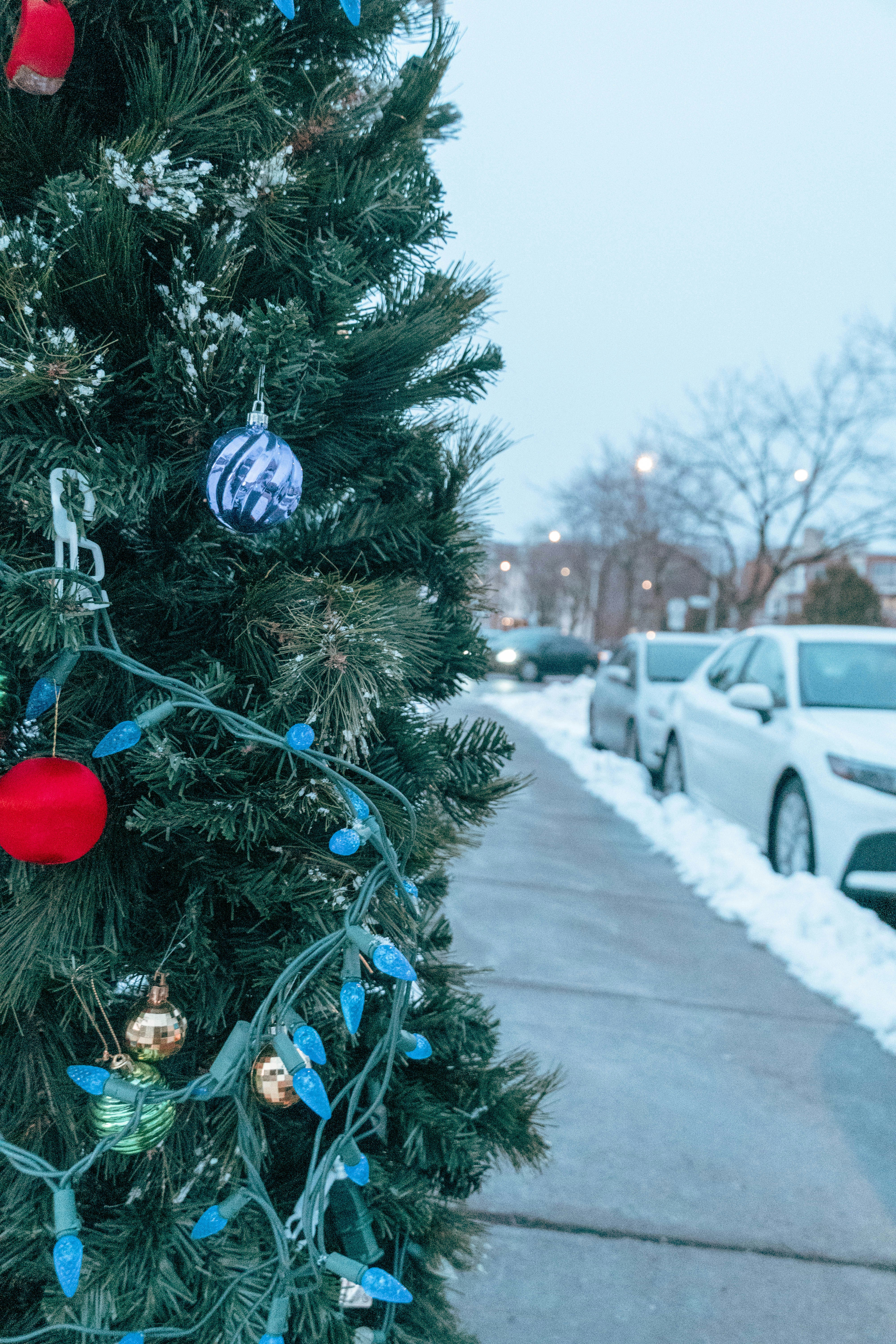 Close-up of Christmas Tree Lights in a Snowy Street