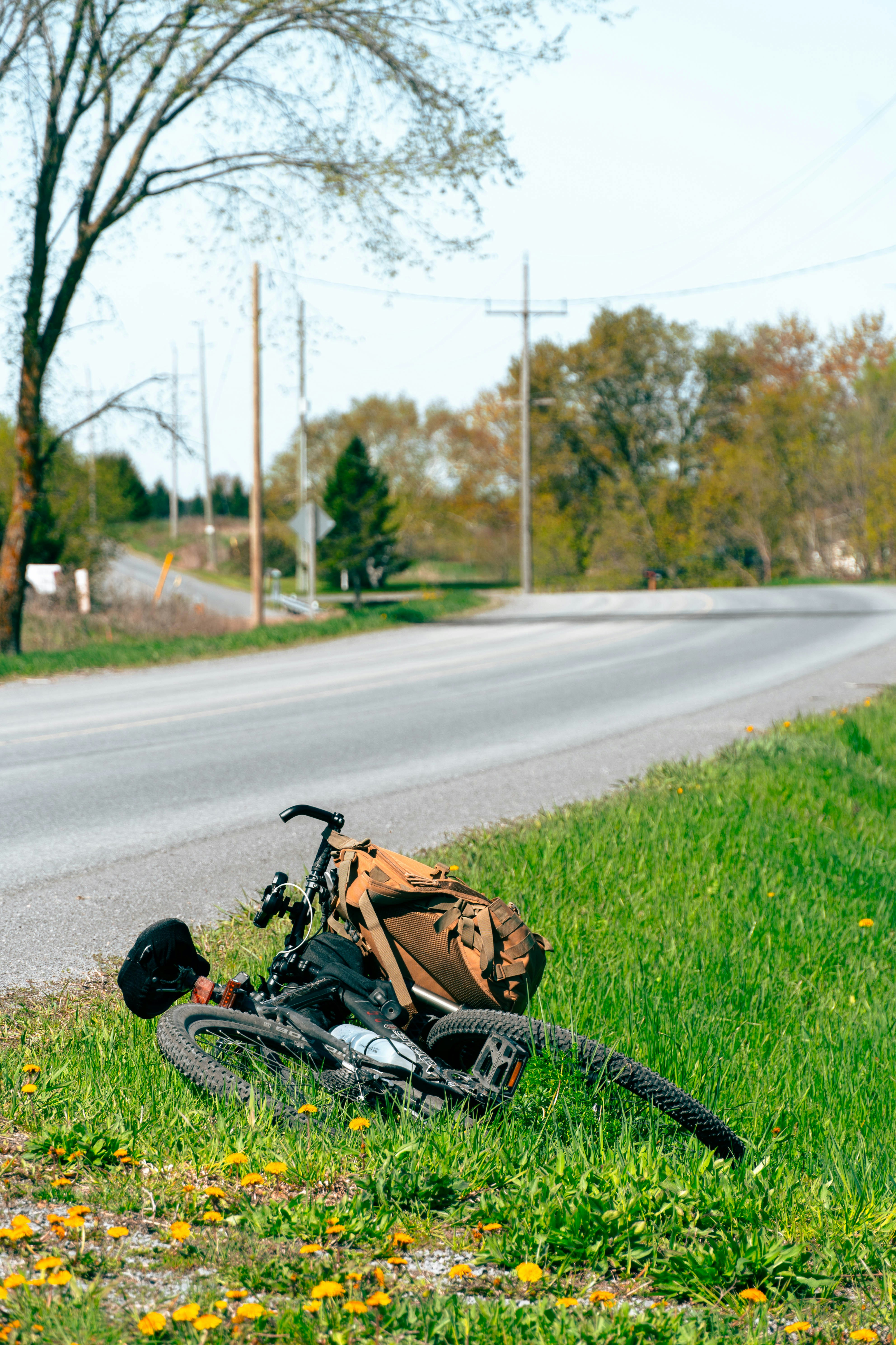Abandoned Bicycle by the Roadside in Spring Bloom