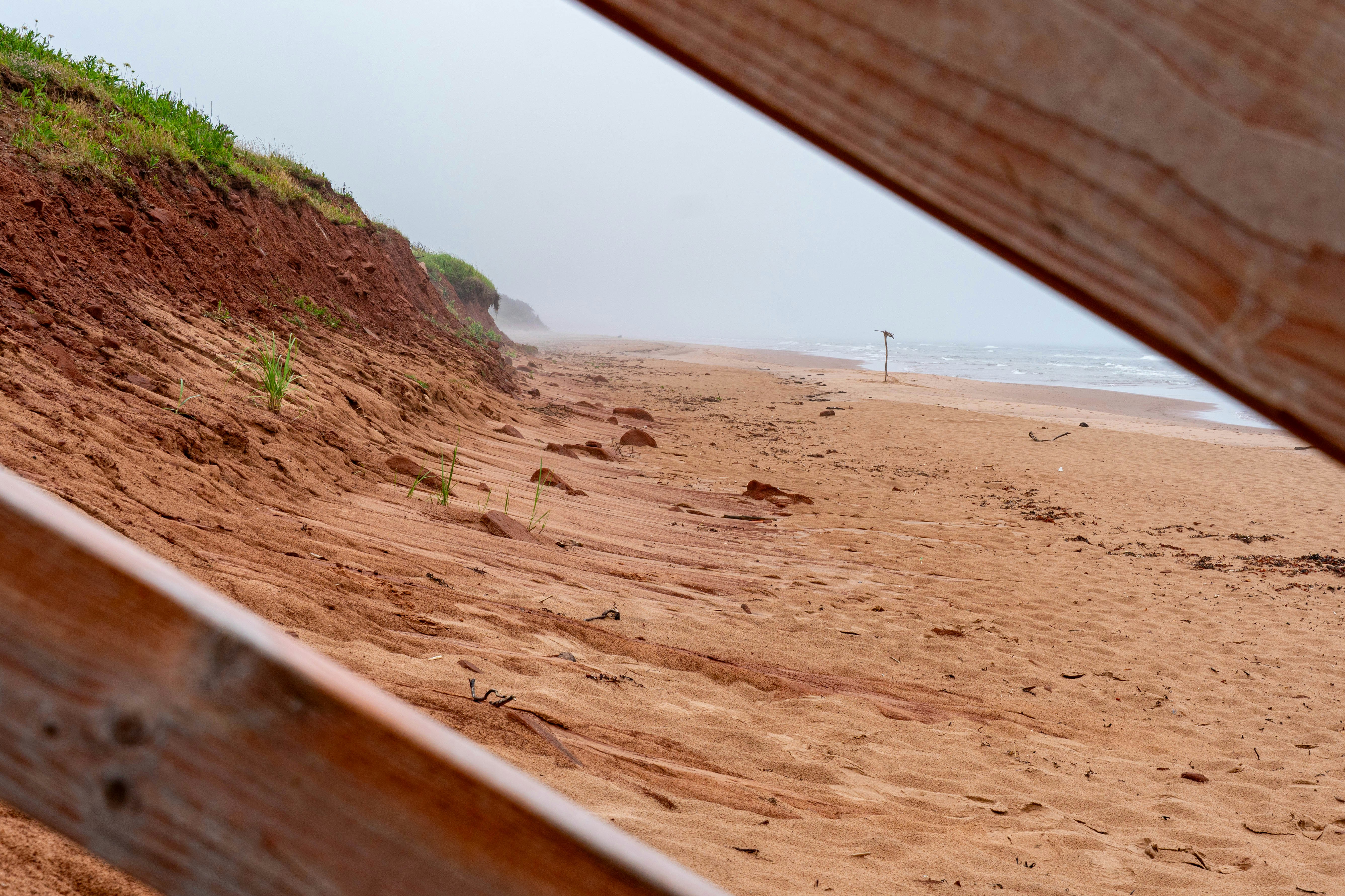Hidden Beach Expanse Framed by Weathered Slats