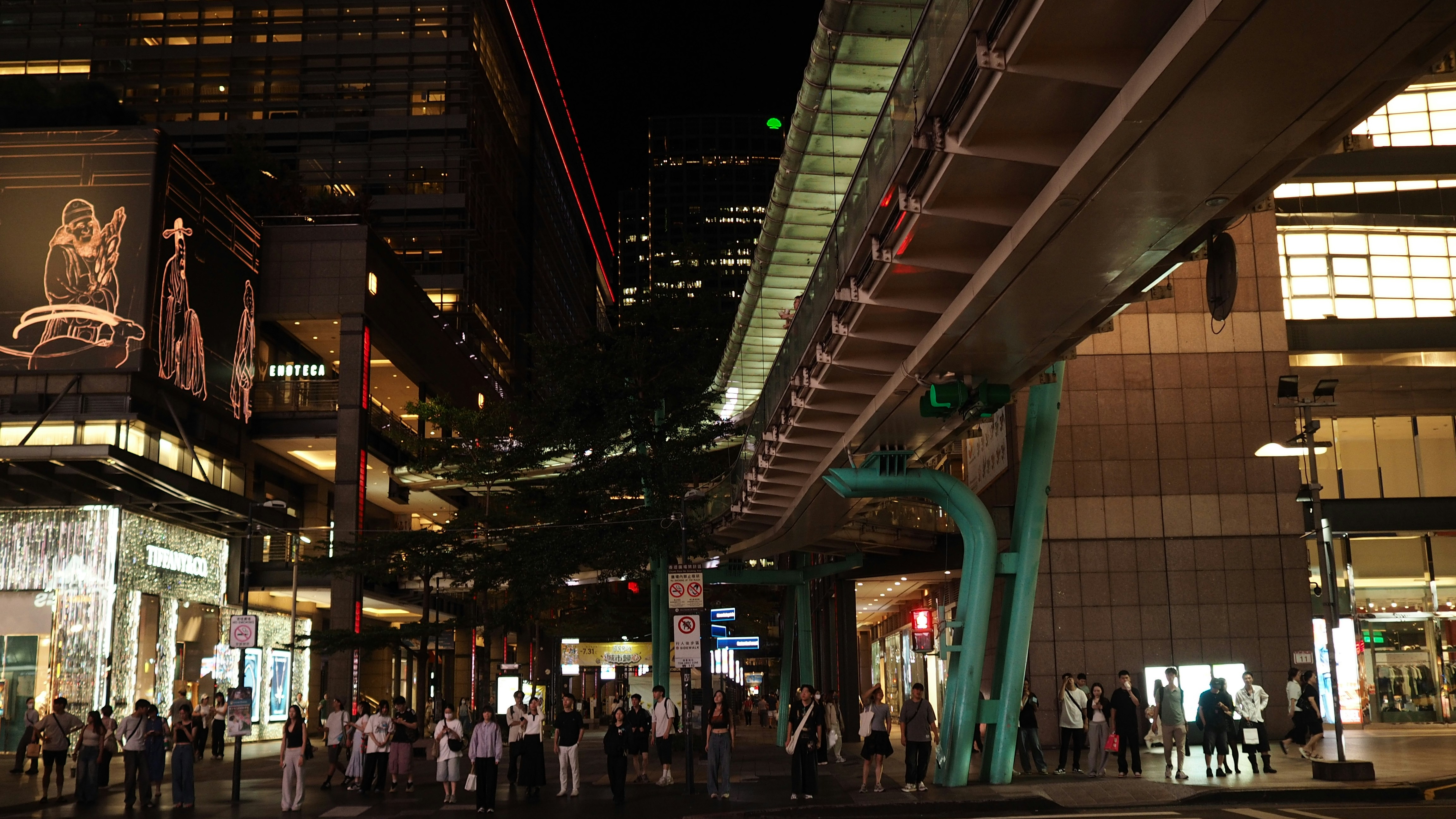 Night at the Courtyard: Neon Trails Through a Bustling City Mall Walkway