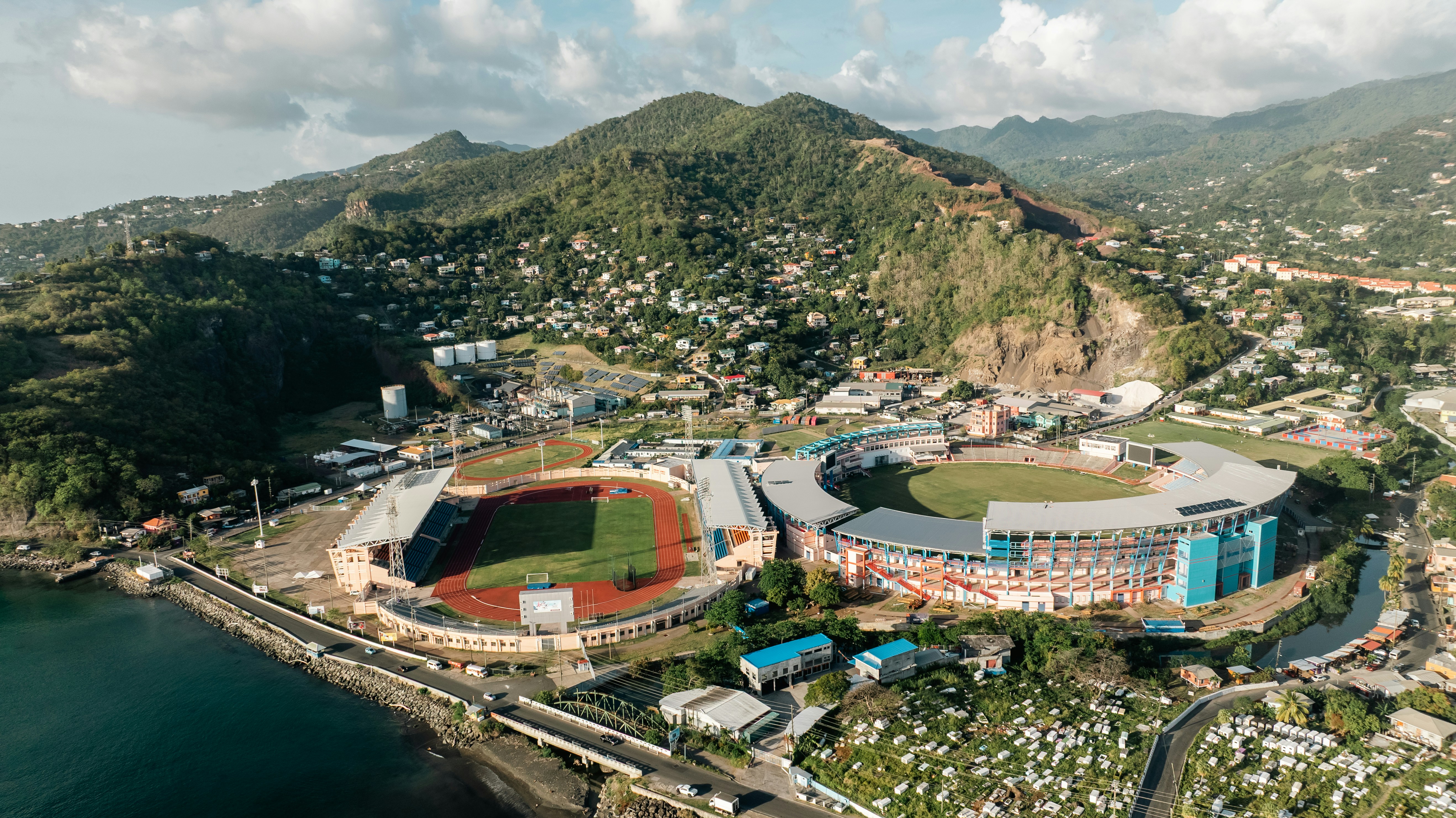 Aerial View Overlapping Hillside Stadium Campus