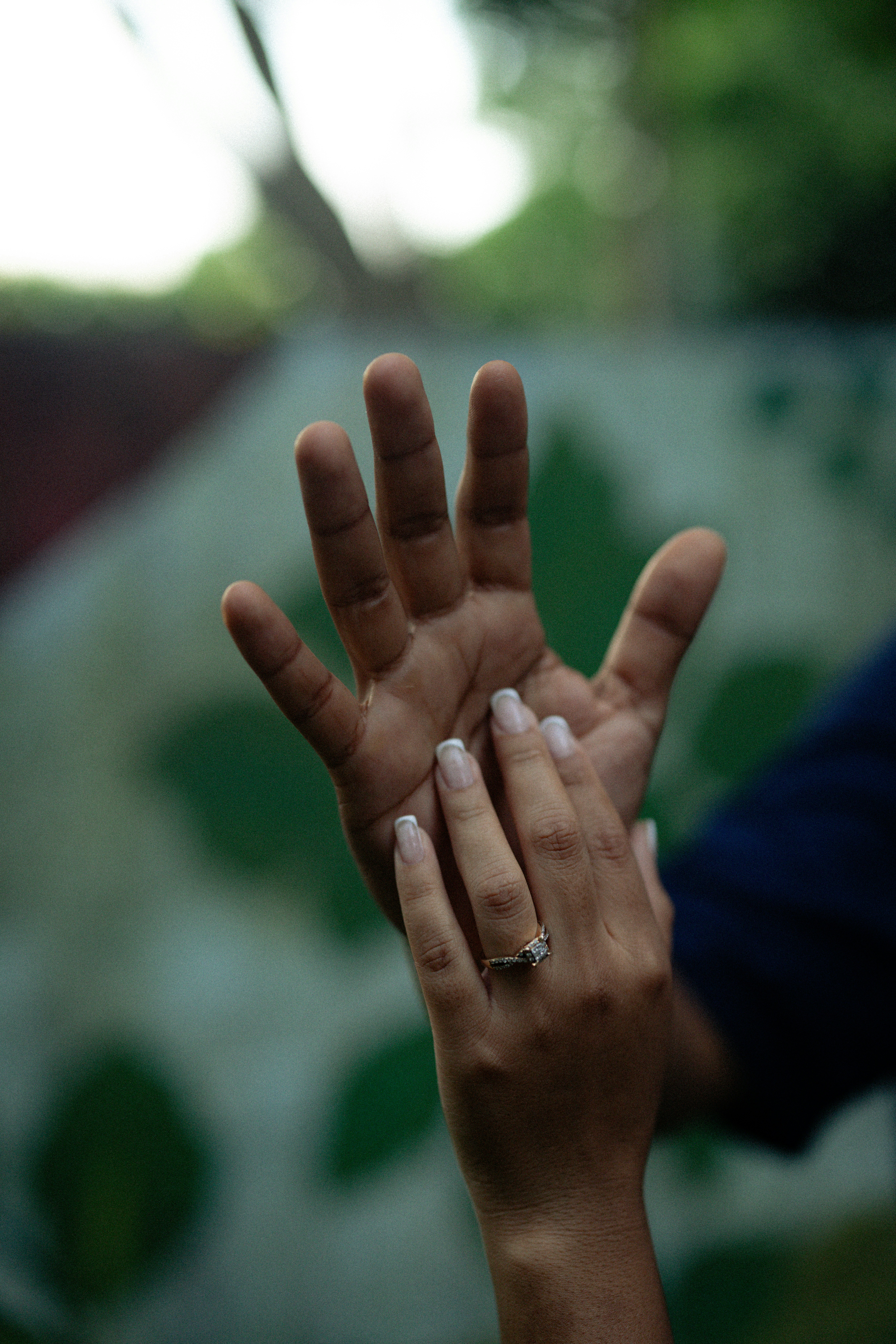 Hands in Focus: An Emerald Garden Backdrop Framed by a Glove of Light