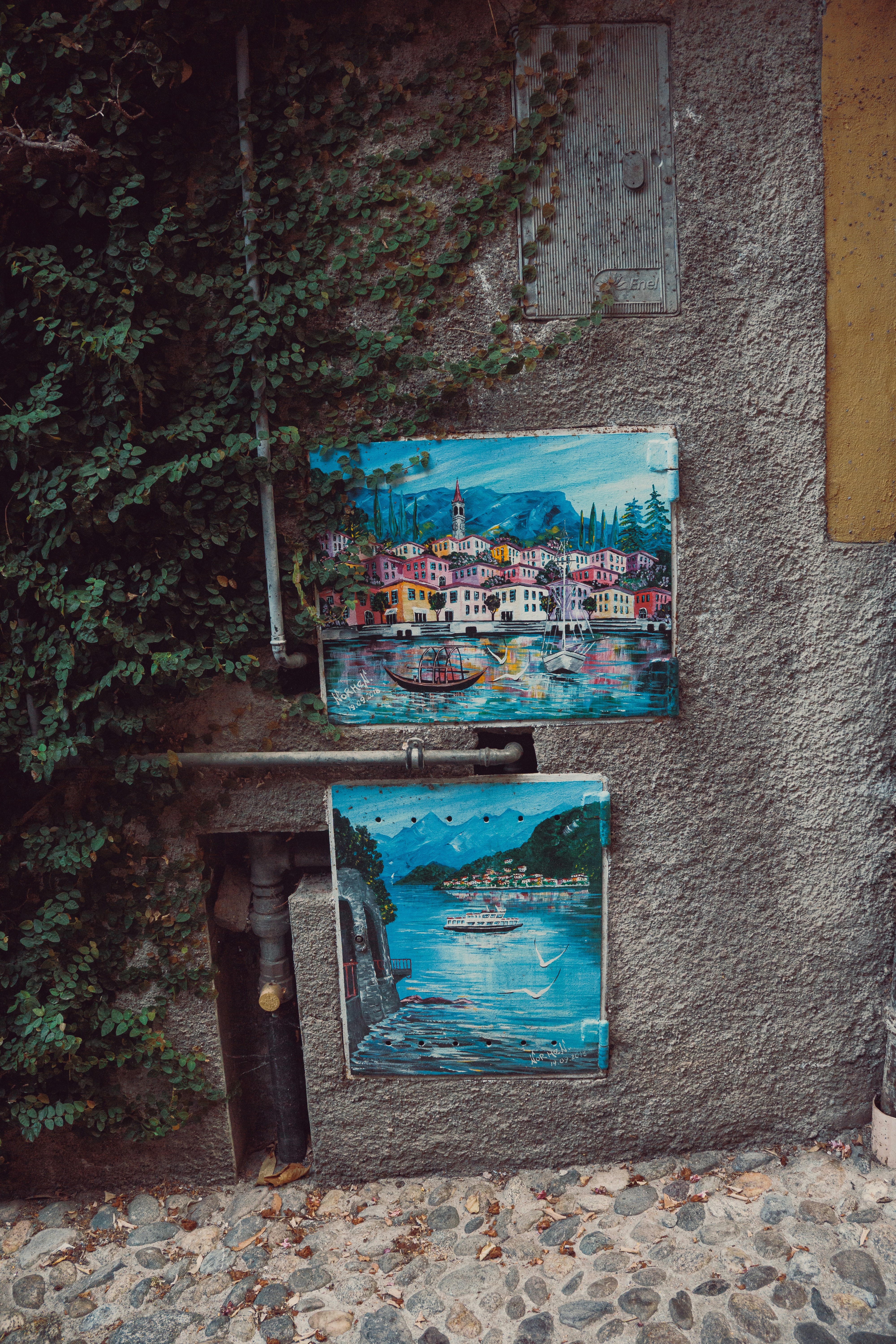 Painted Harbor Sketches on a Weathered Wall