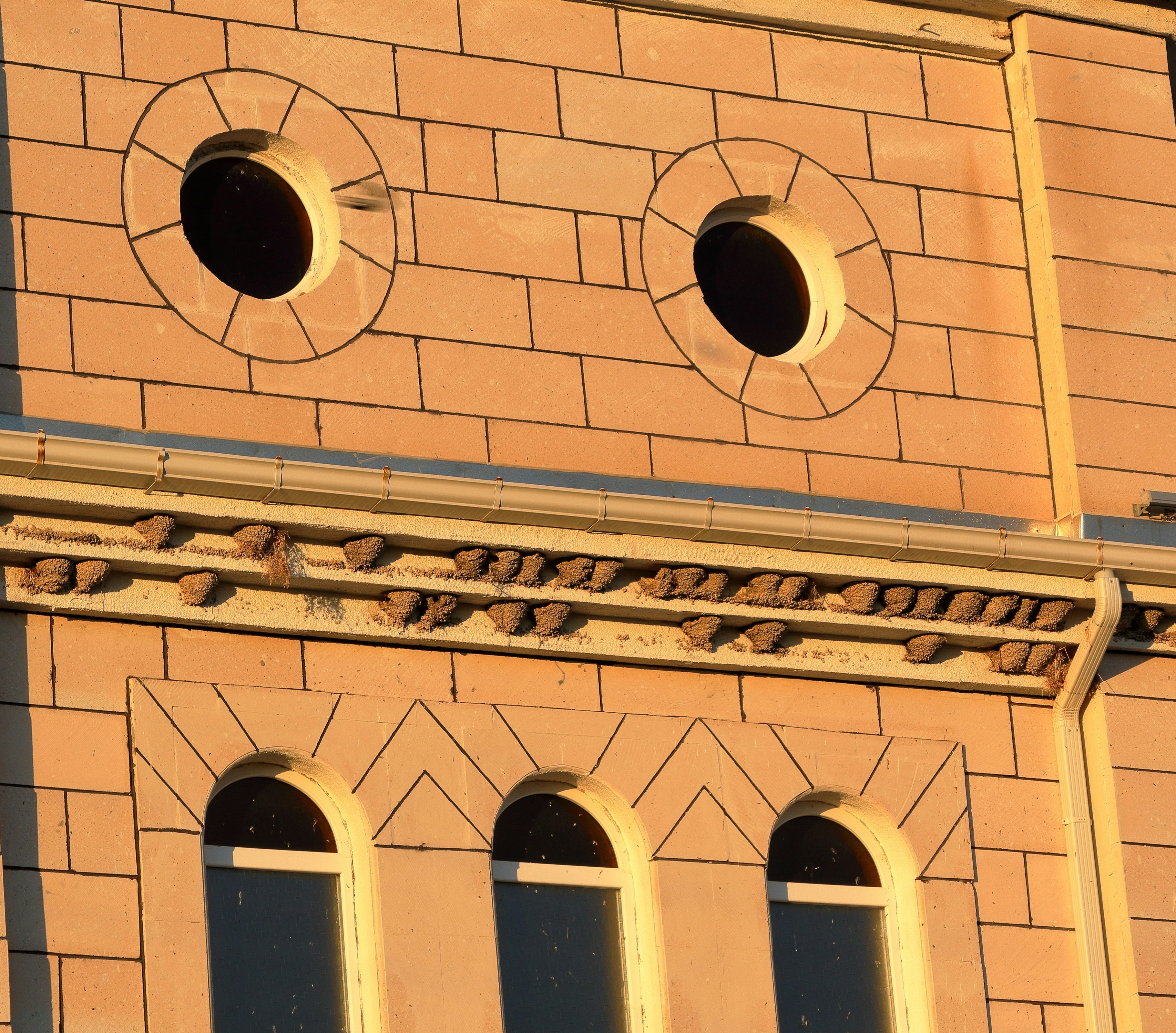 Golden Hour Facade: Rounded Windows and Brickwork in Perspective