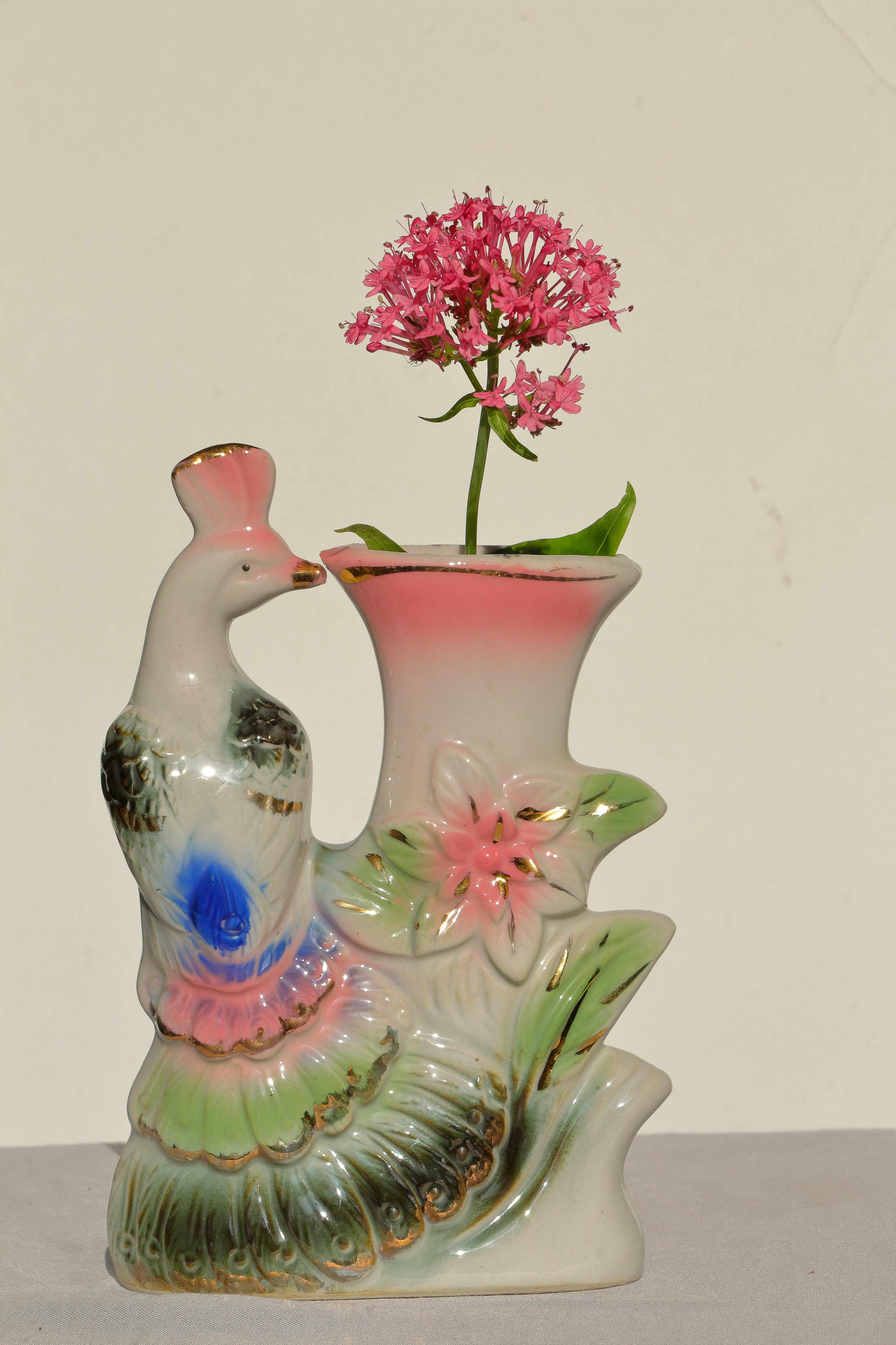 Ceramic Peafowl Vase with Pink Bloom