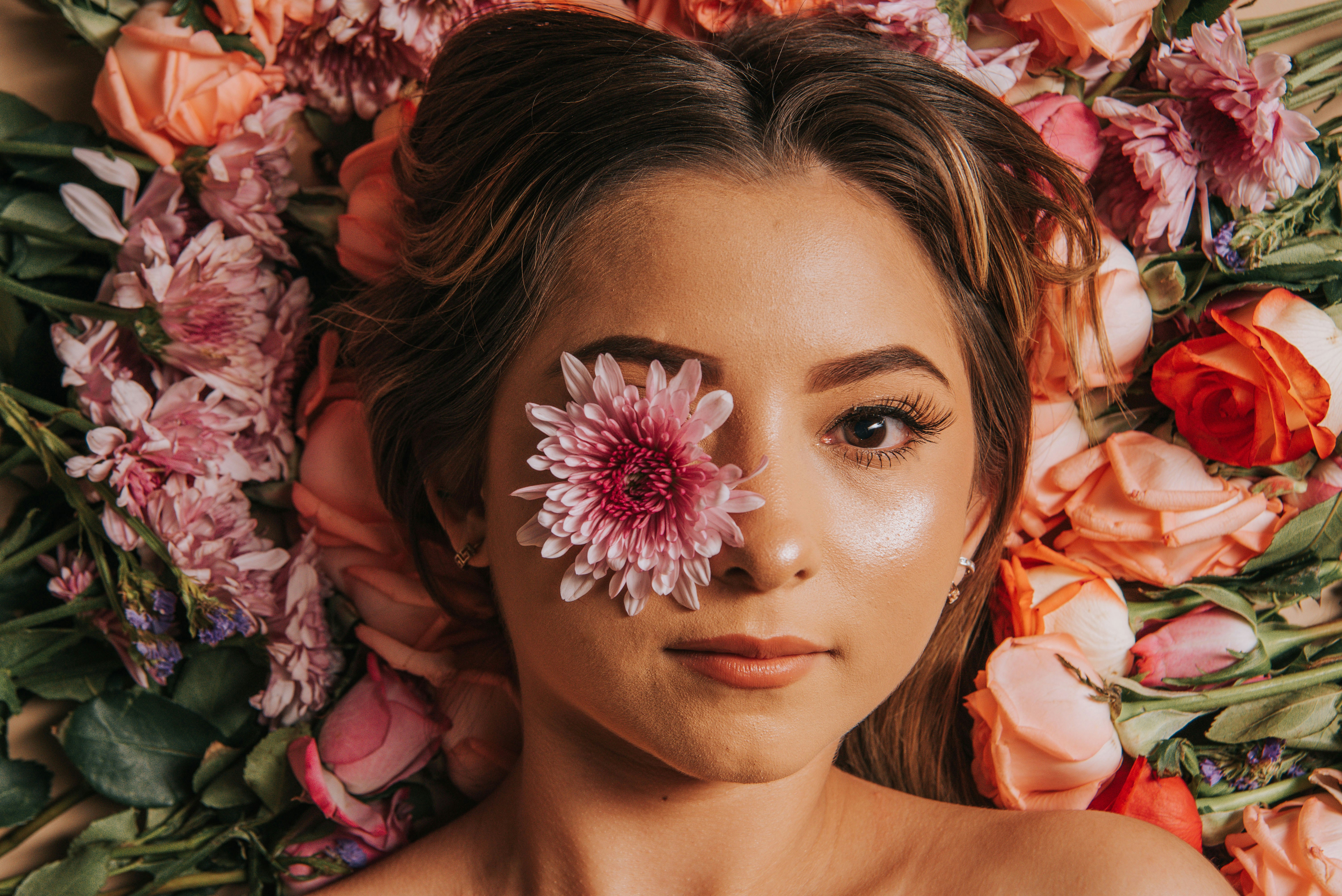 Floral Mask: A Portrait of Poise Amid Bloom