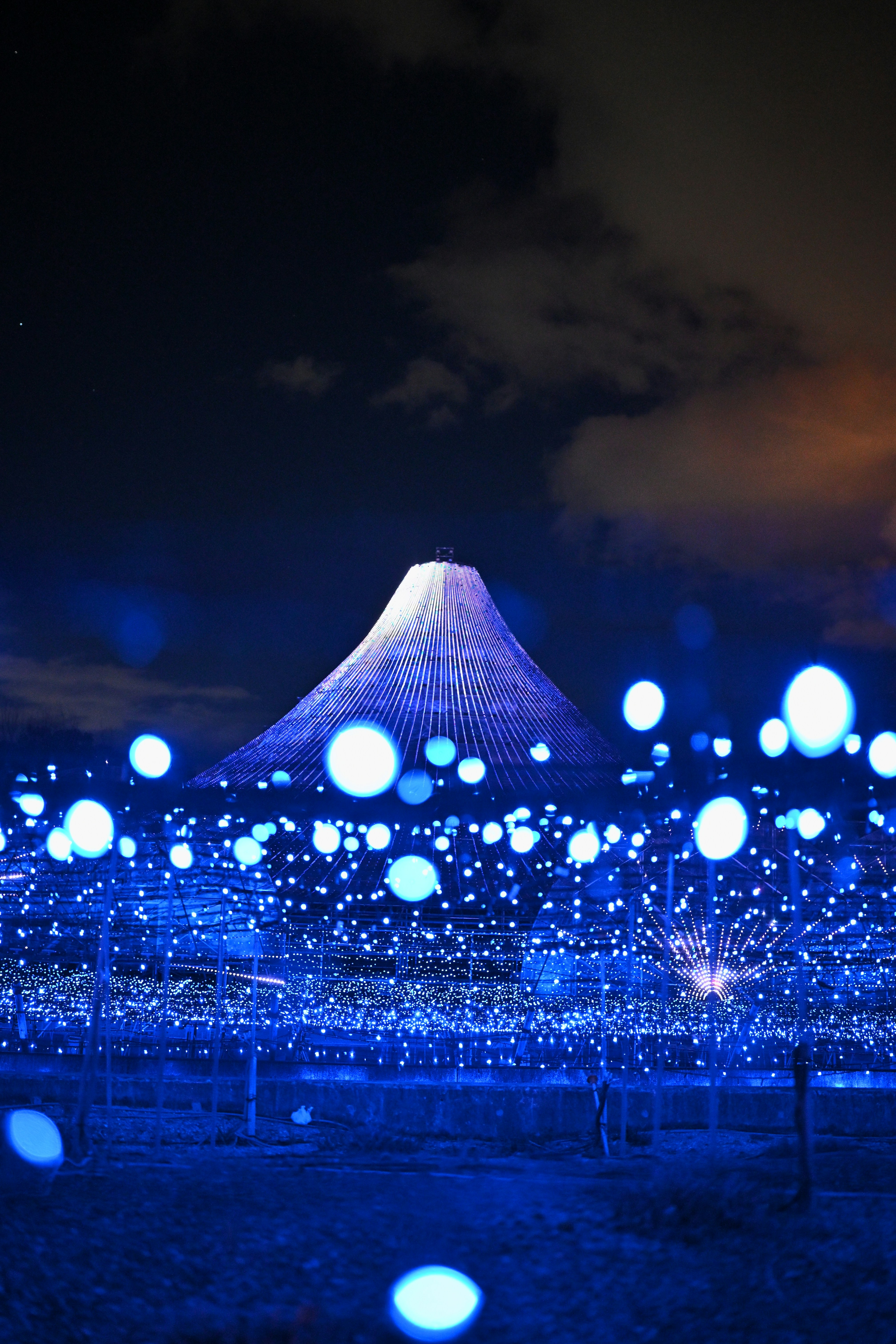 Blue Luminance Garden: Night of Orbs Over a Dome