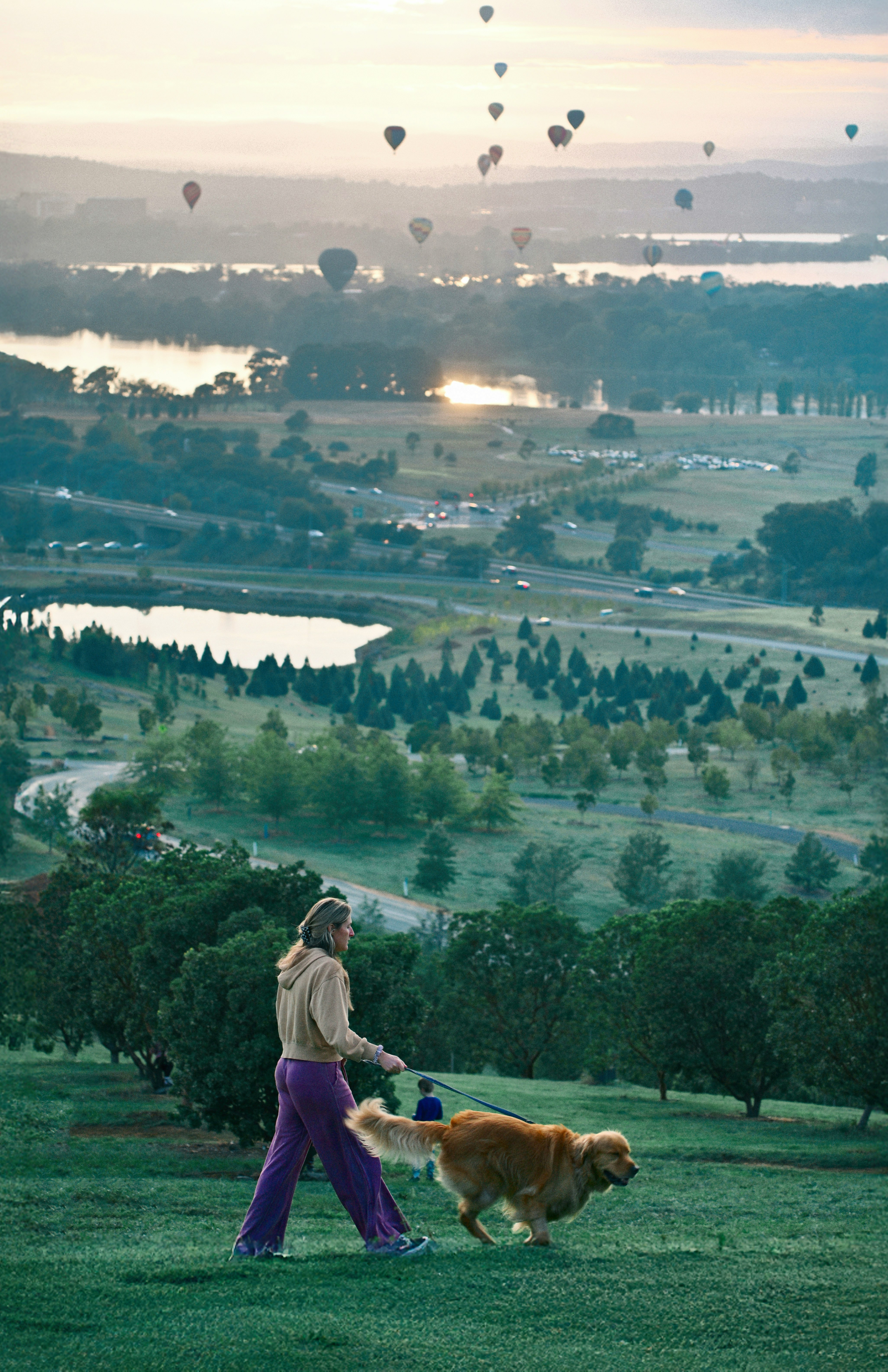 Evening Stroll: A Woman and her Golden Retriever Across a Serene Hilltop