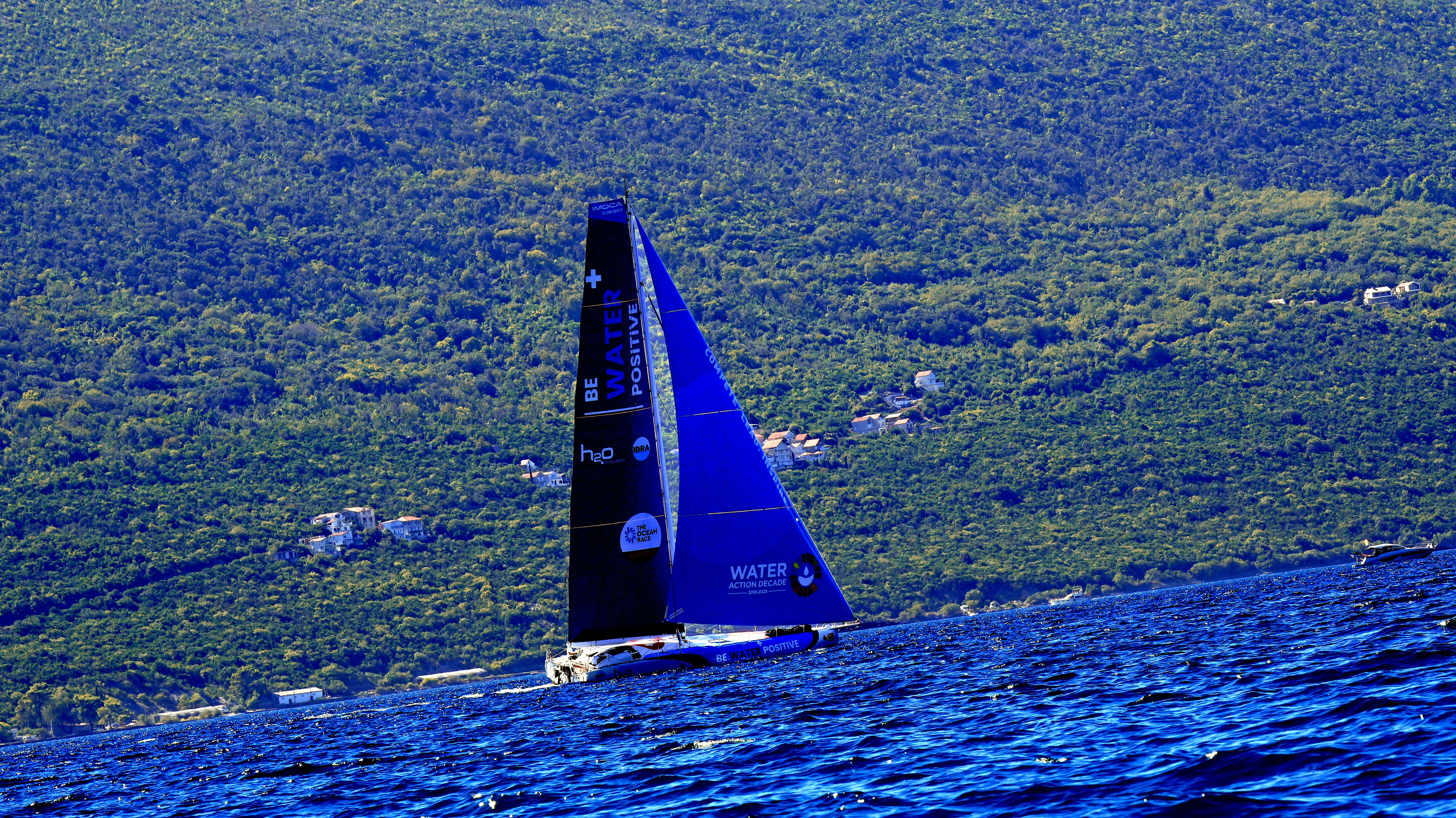 Blue Sails Cut Through a Sunlit Sea