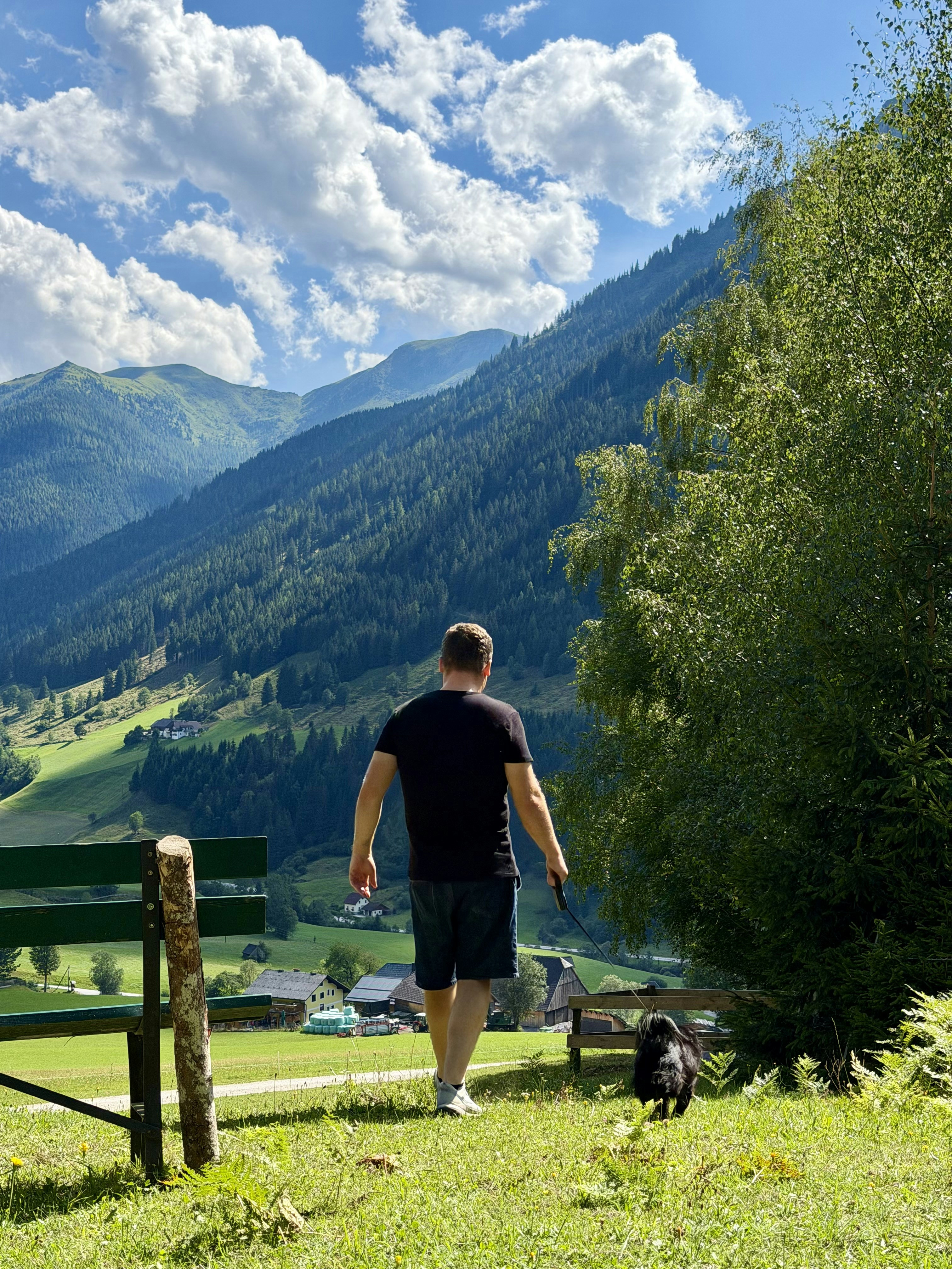 Hiker and companion at a sunlit Alpine overlook