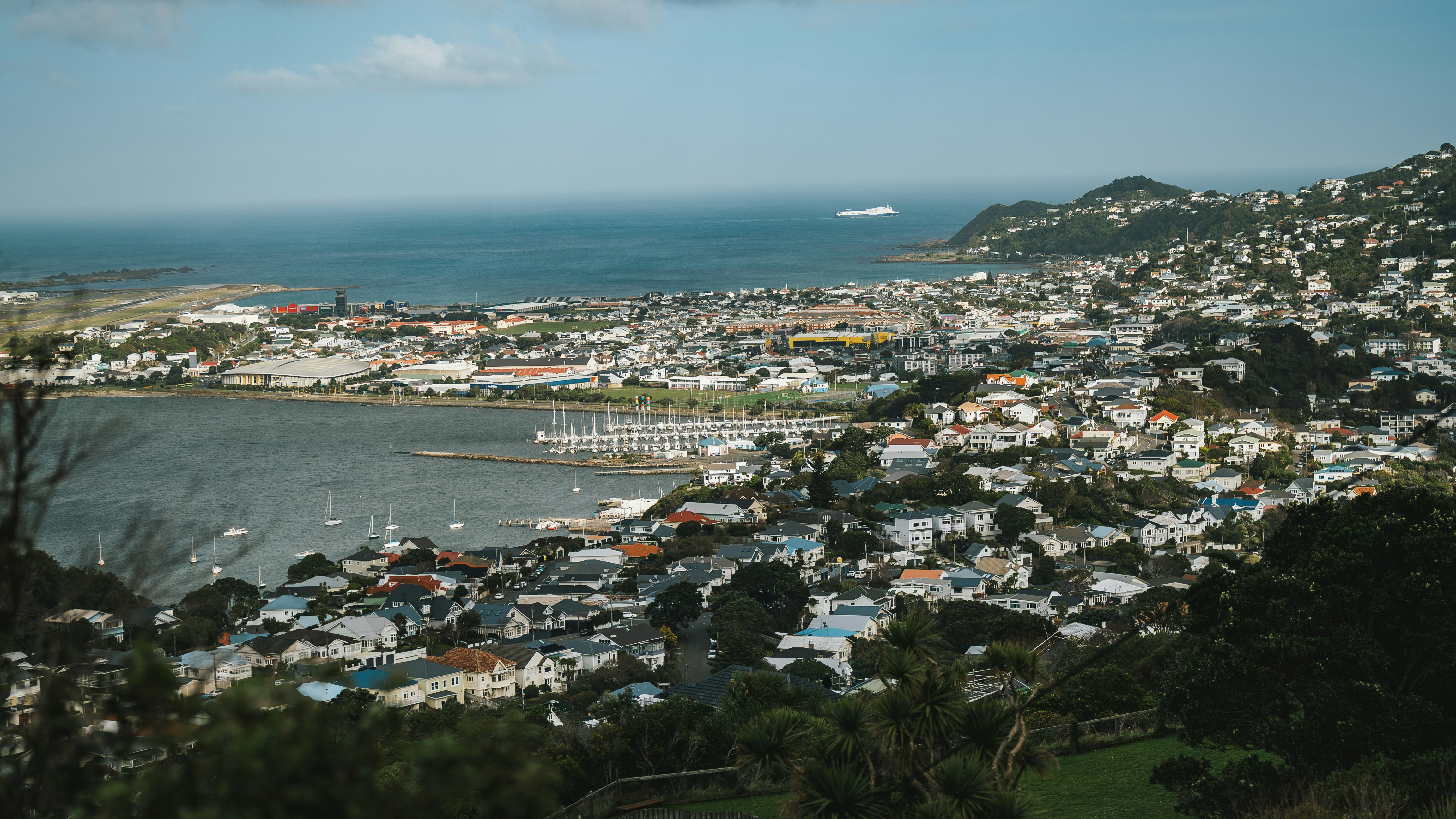 Coastal Town from a Viewpoint: Harbor, Distant Hills, and Ocean