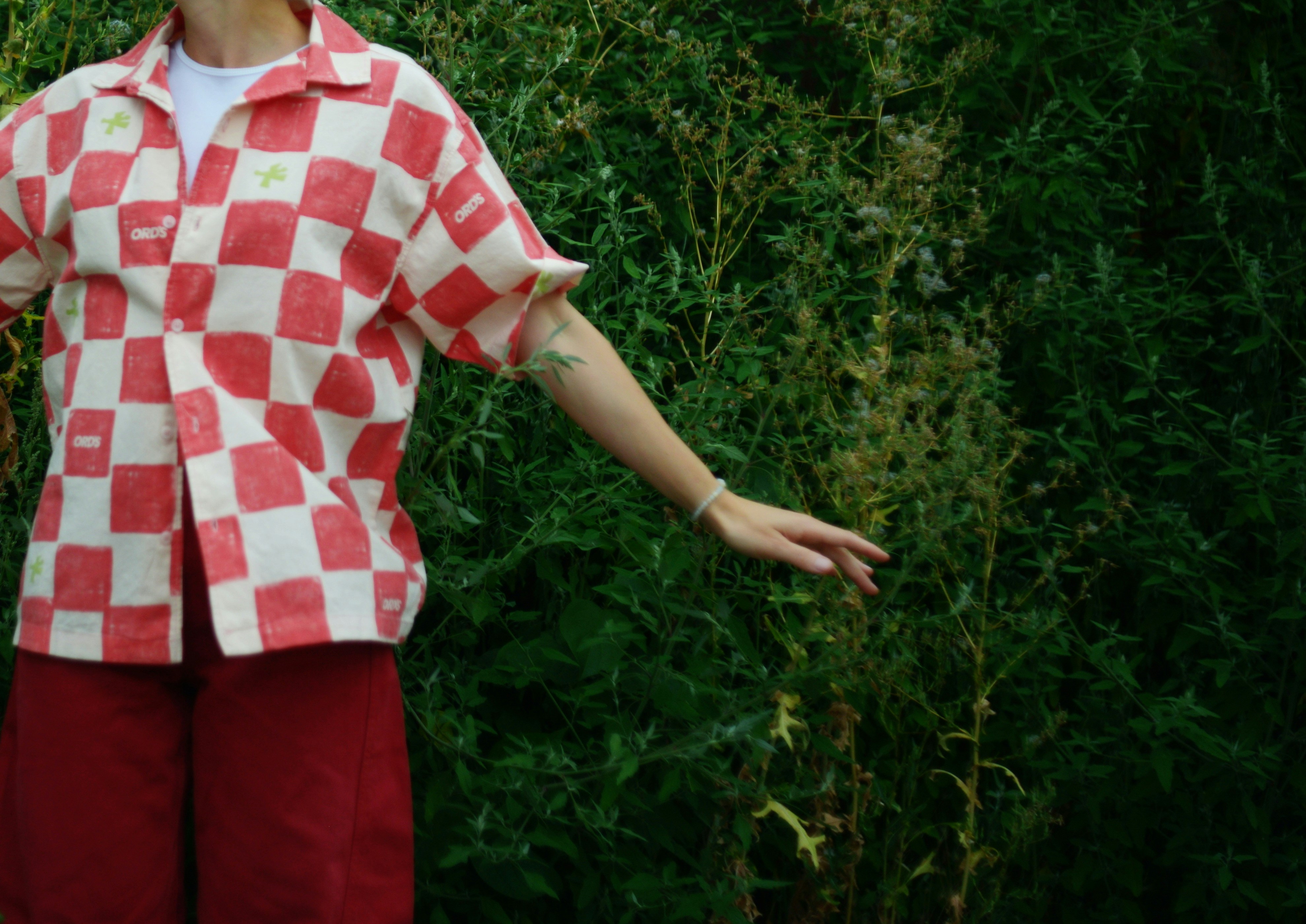 Checkerboard Hem: a cropped moment of motion in a garden