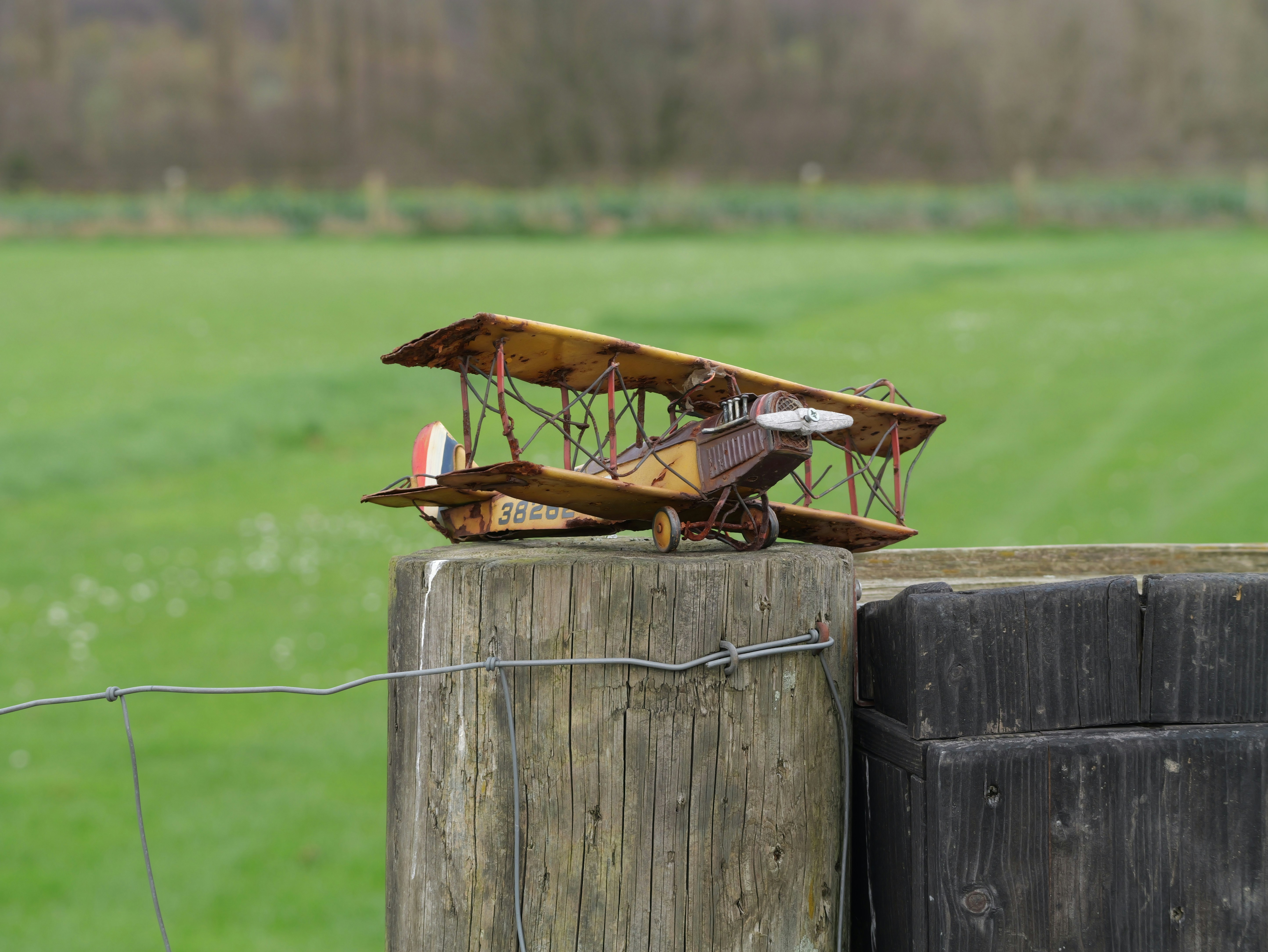 Rusty biplane sentinel on a weathered piling