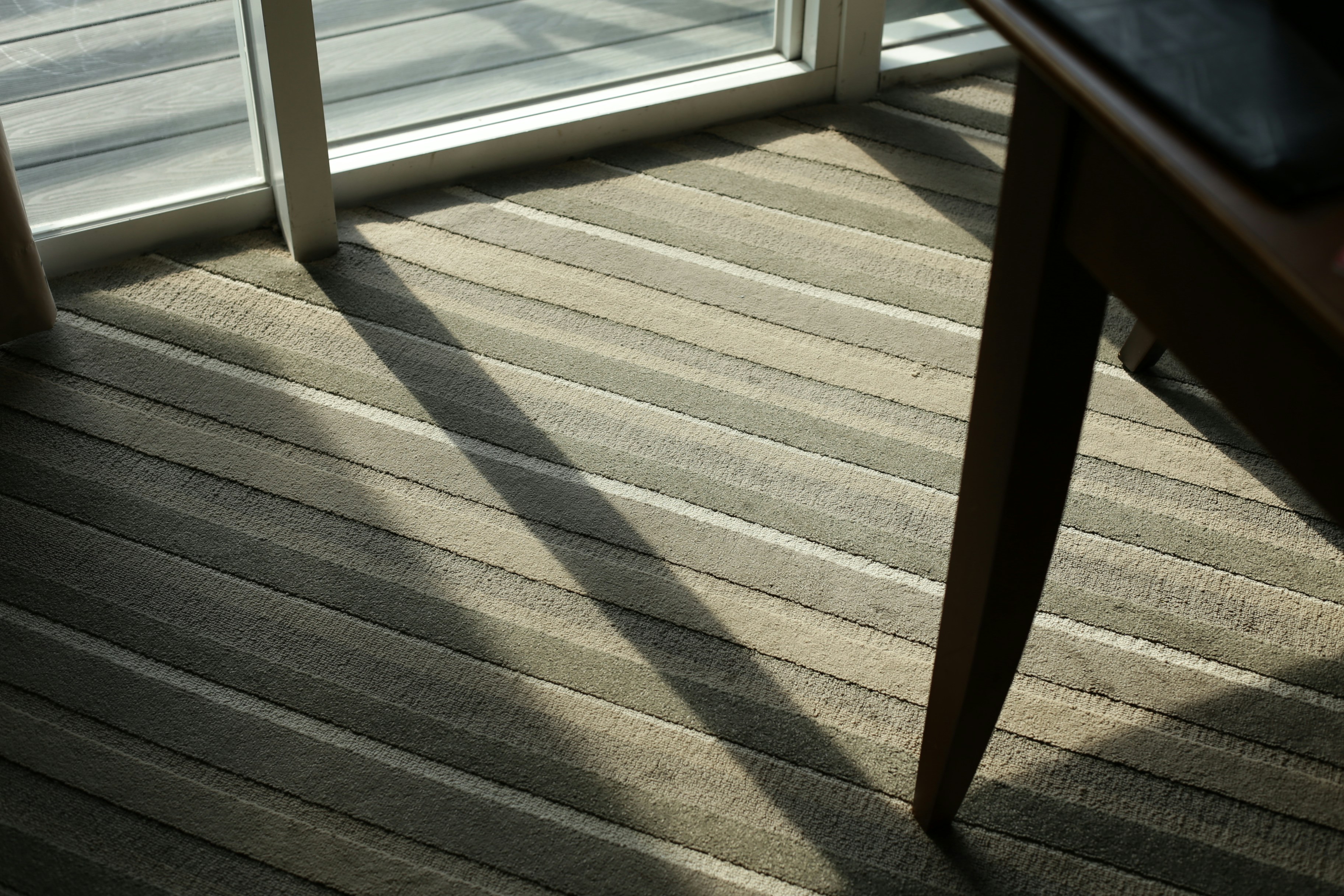 Shadowed Corridor: Light Slashes Across a Quiet Rug