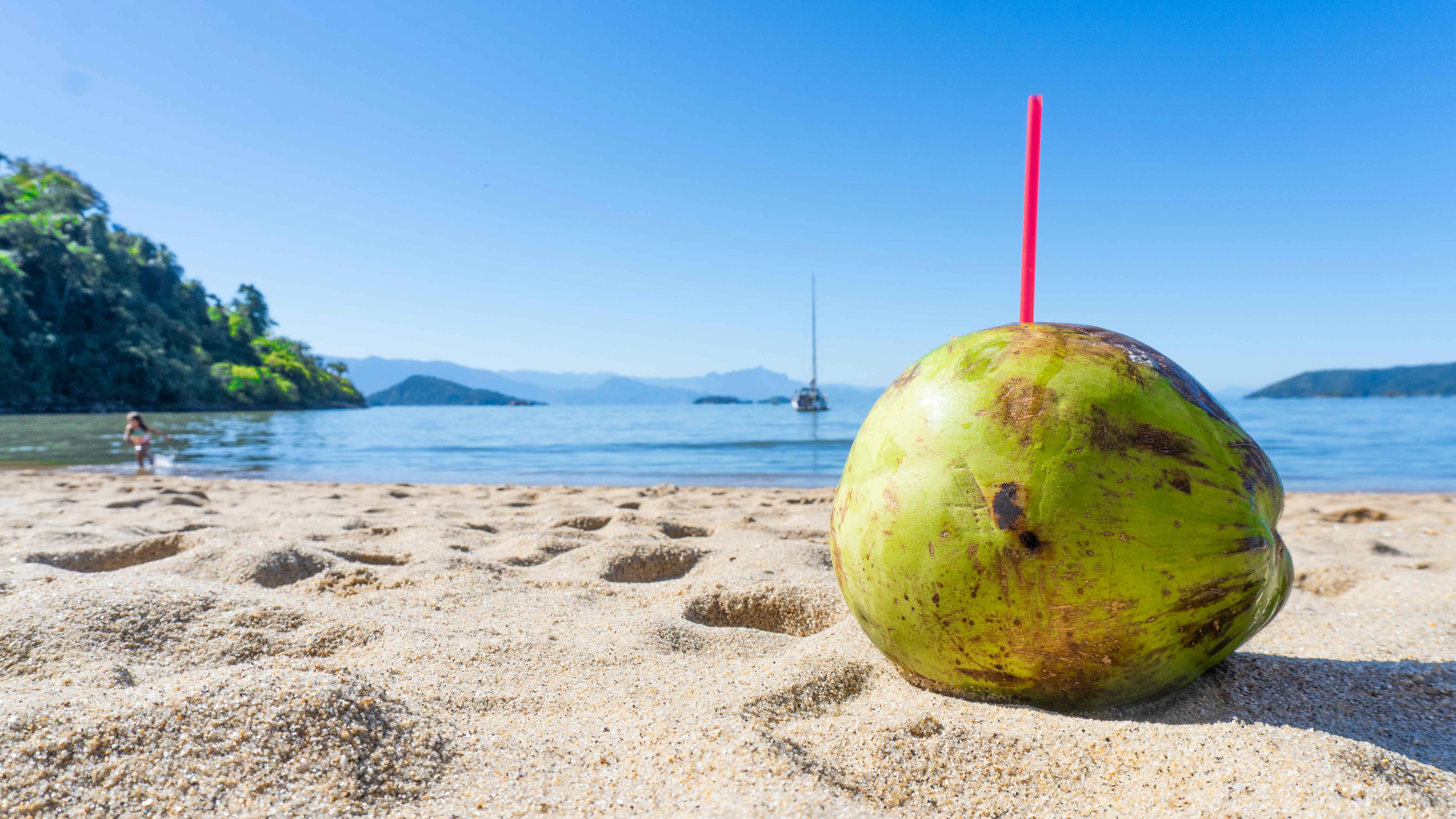 Coconut on Sunlit Shore: A Tropical Beach Moment