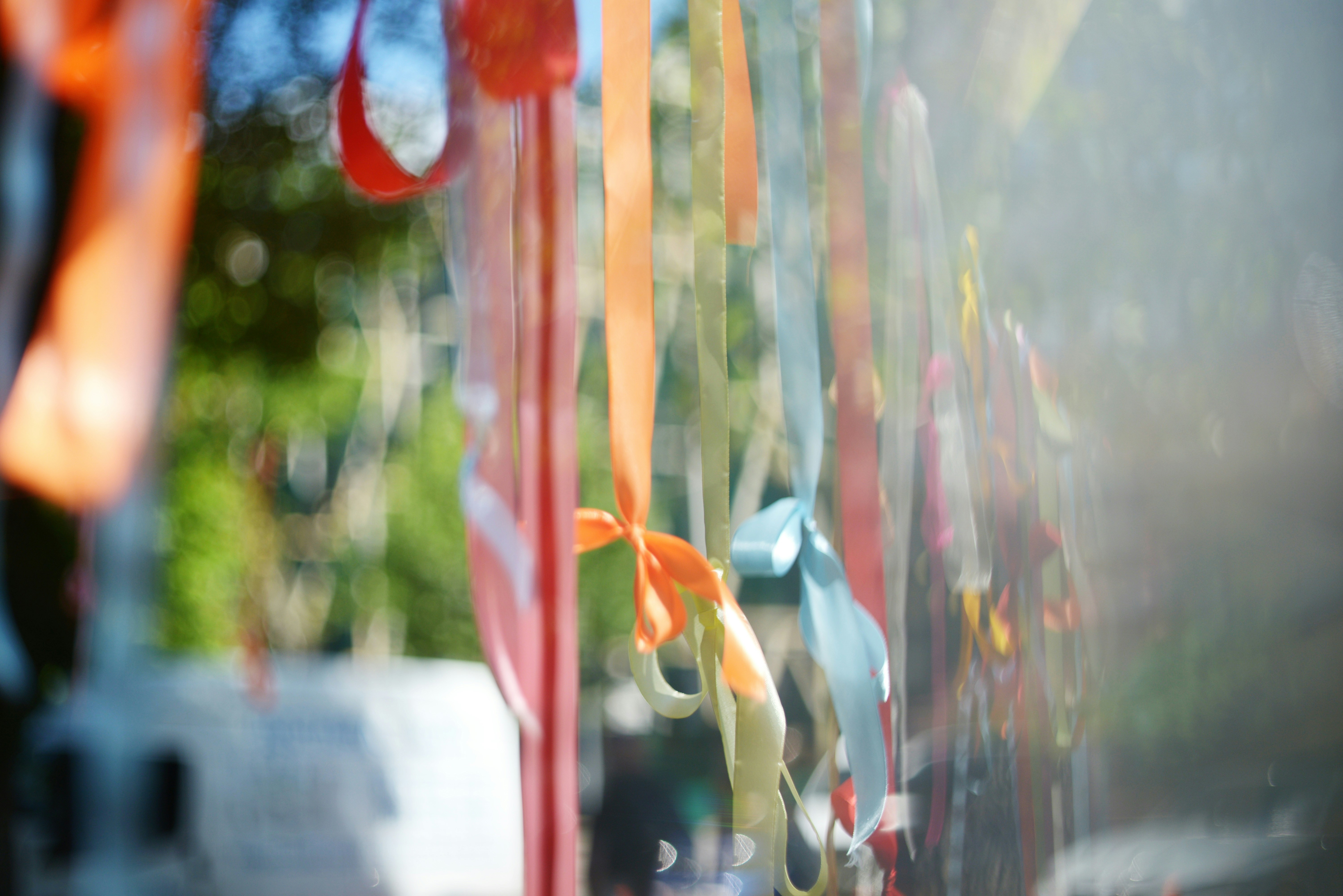 Ribbon Cascade: Colorful Strands Framing a Windowed Morning