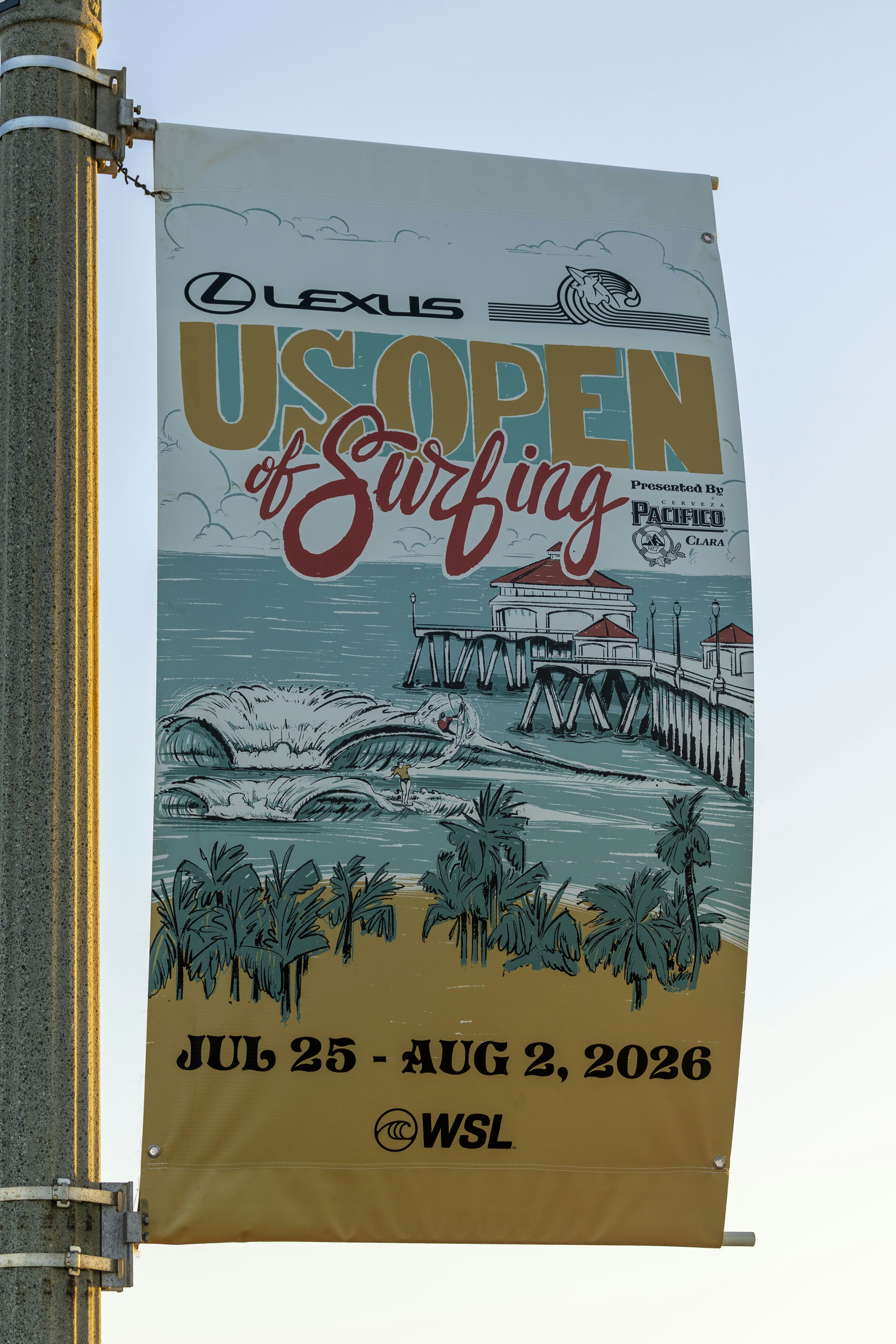 Lexus Us Open of Surfing Banner: Pier, Palm Trees, and Sea Crest