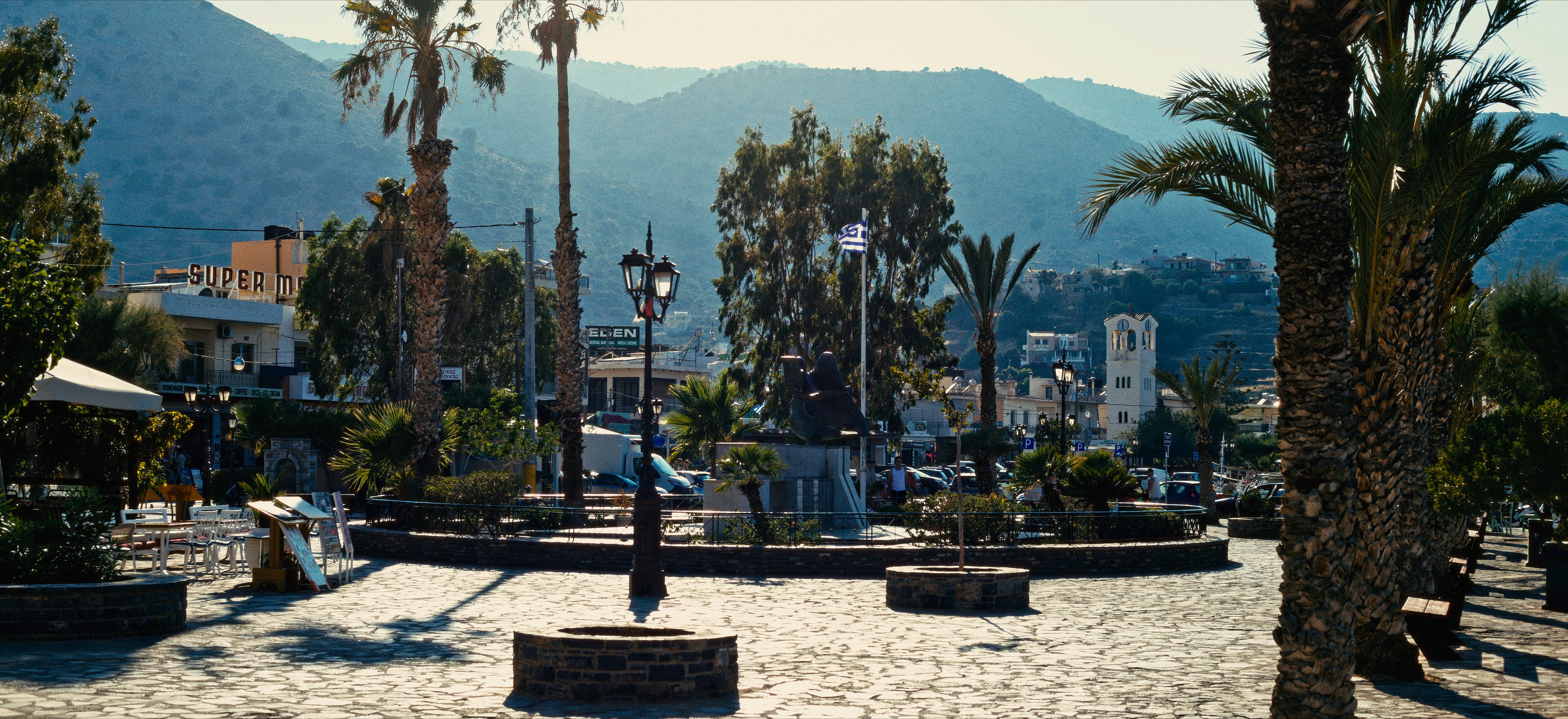 Sunlit Mediterranean Plaza: Palm Trees, Bench Circles, and Distant Hills