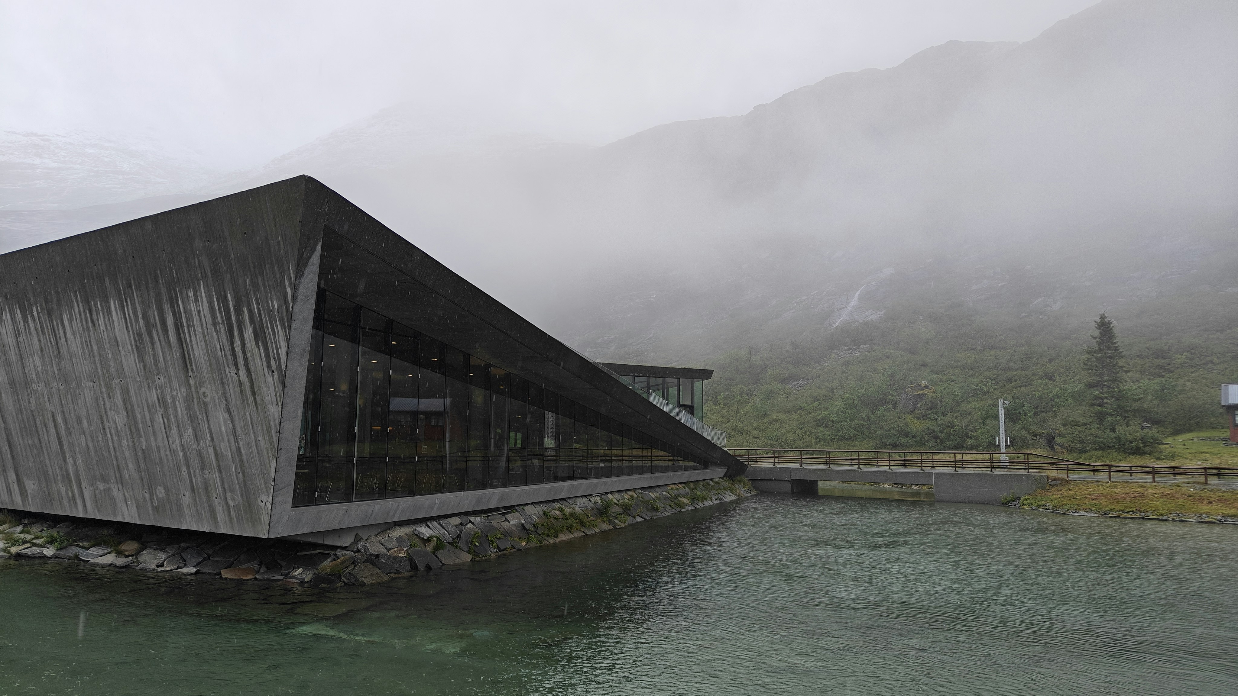 Geometric Pavilion over Misty Waters
