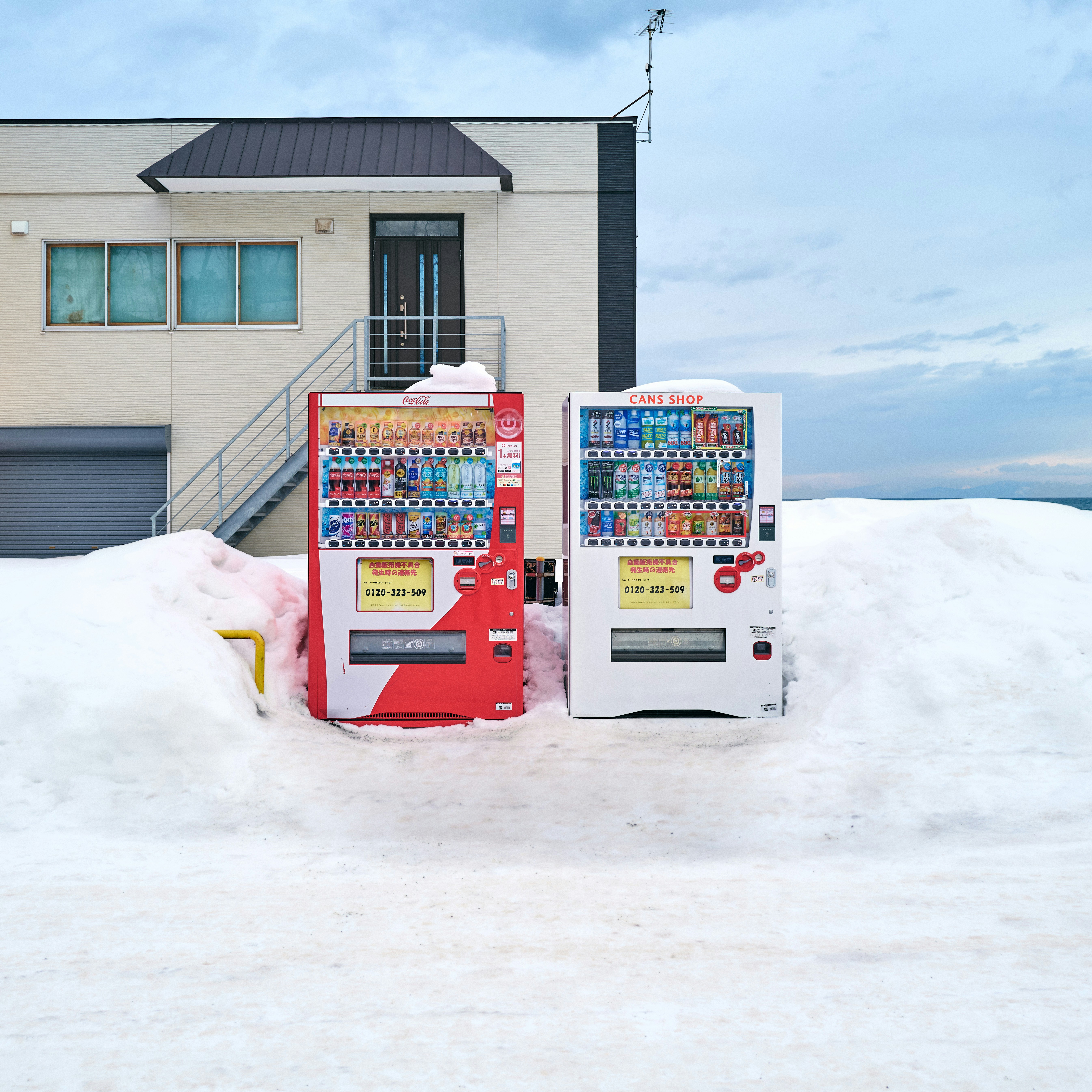 Snow-Backed Vending Duo under a Modern Staircase