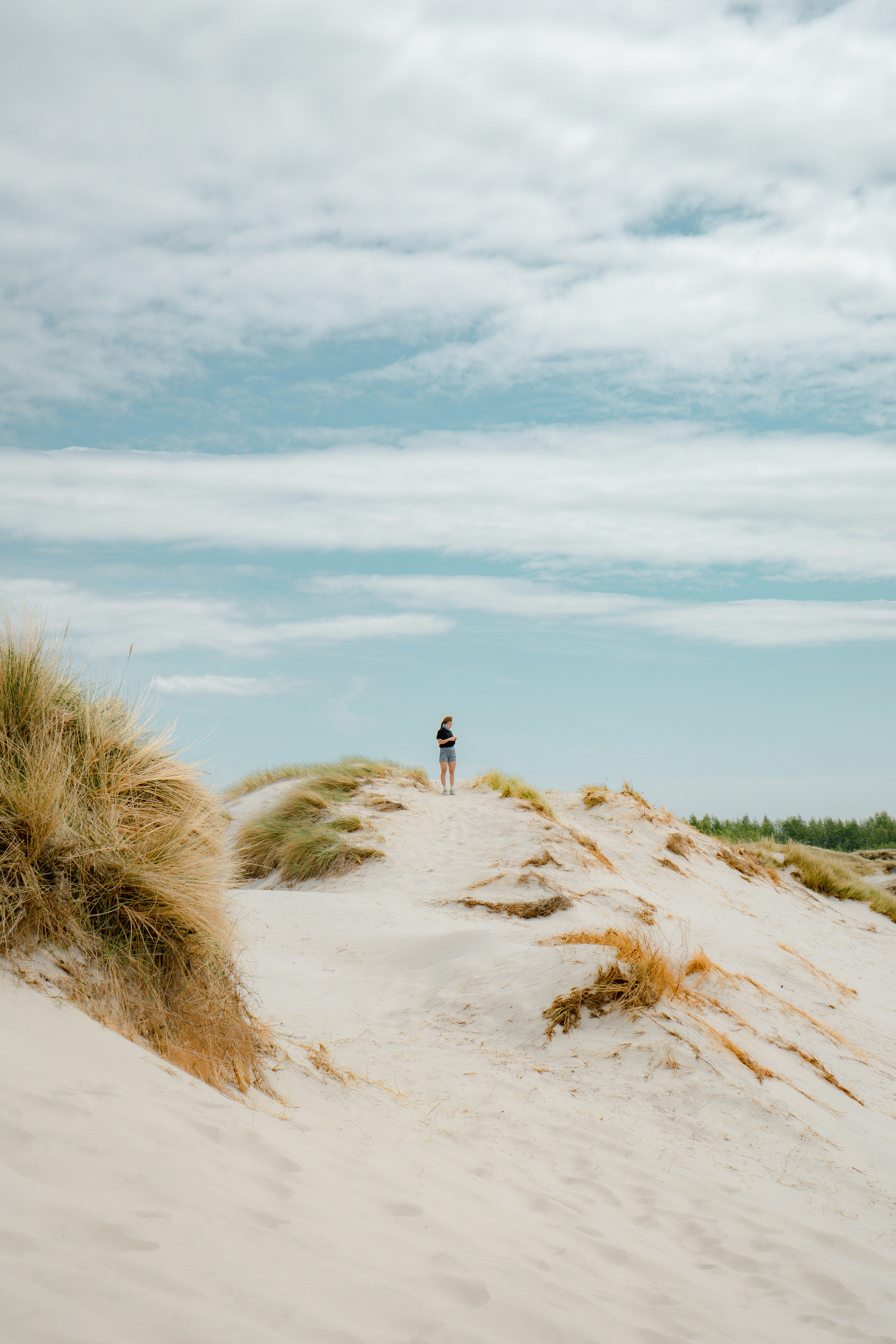  solitary figure atop a dune under a vast sky