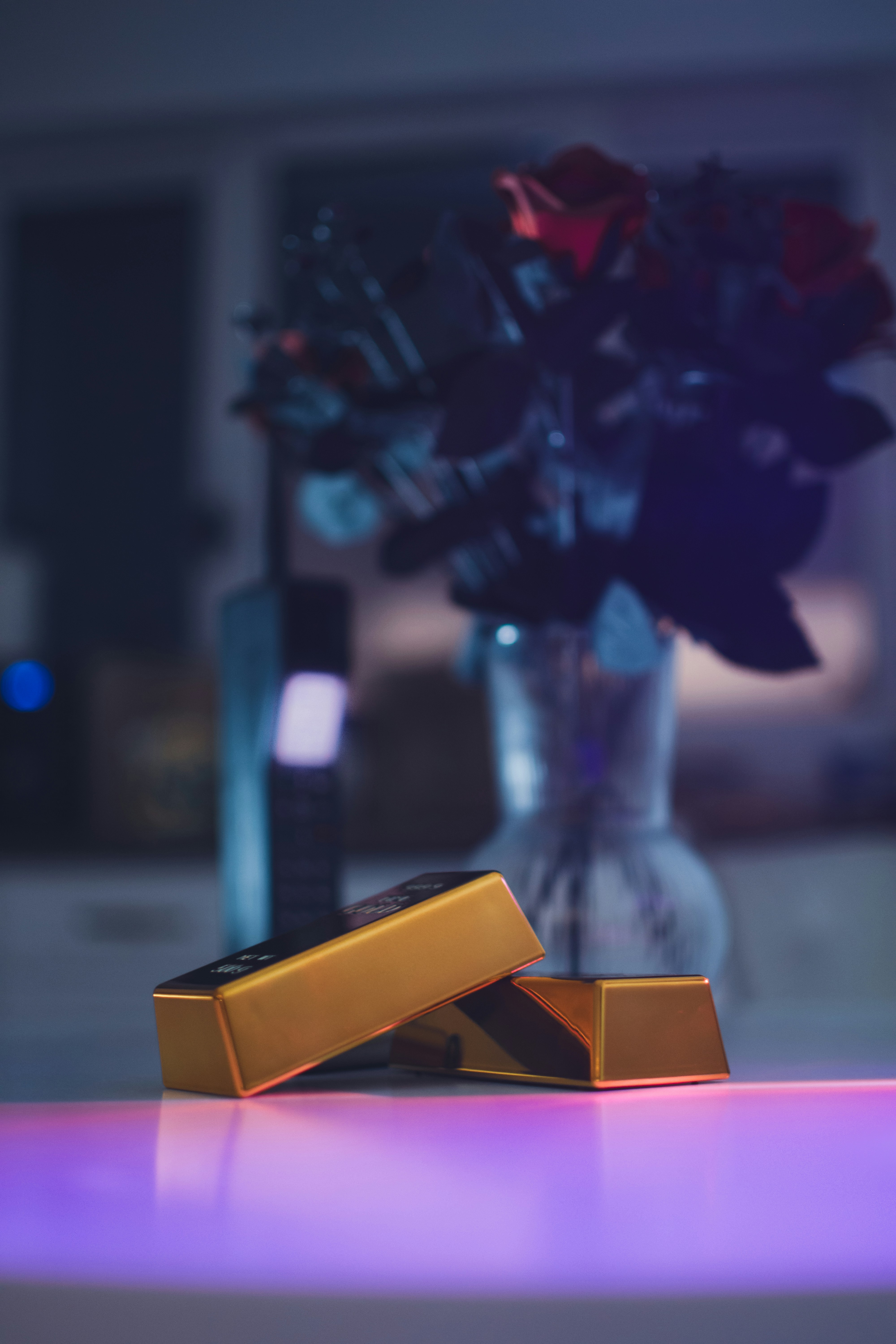 Neon Glow and Gold Blocks on a Quiet Counter