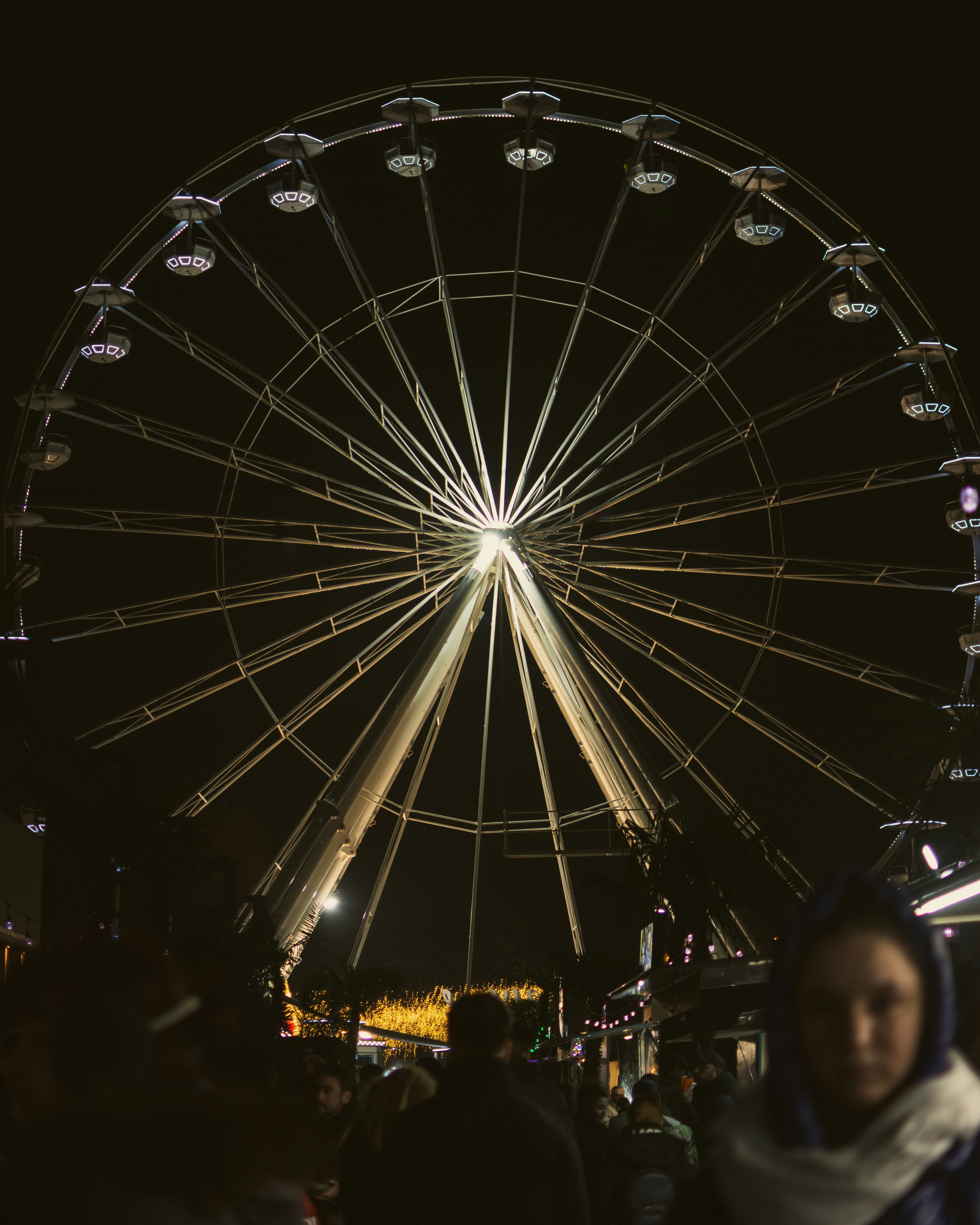 Neon Ring: Nighttime Ferris Wheel Beaming Above a Crowd