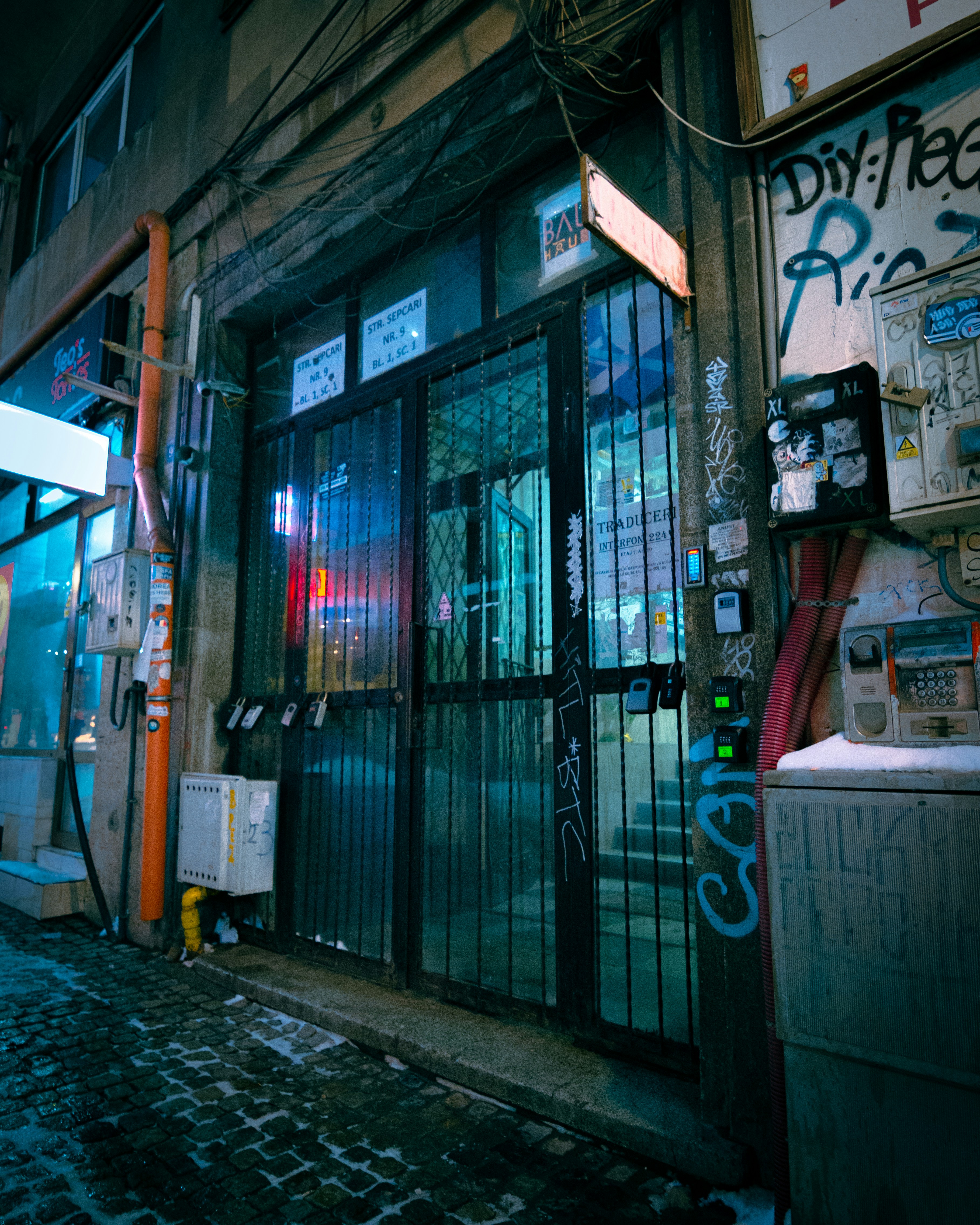 Neon Alley Gate: A Neon-Glow Corridor Between Doors and Graffiti
