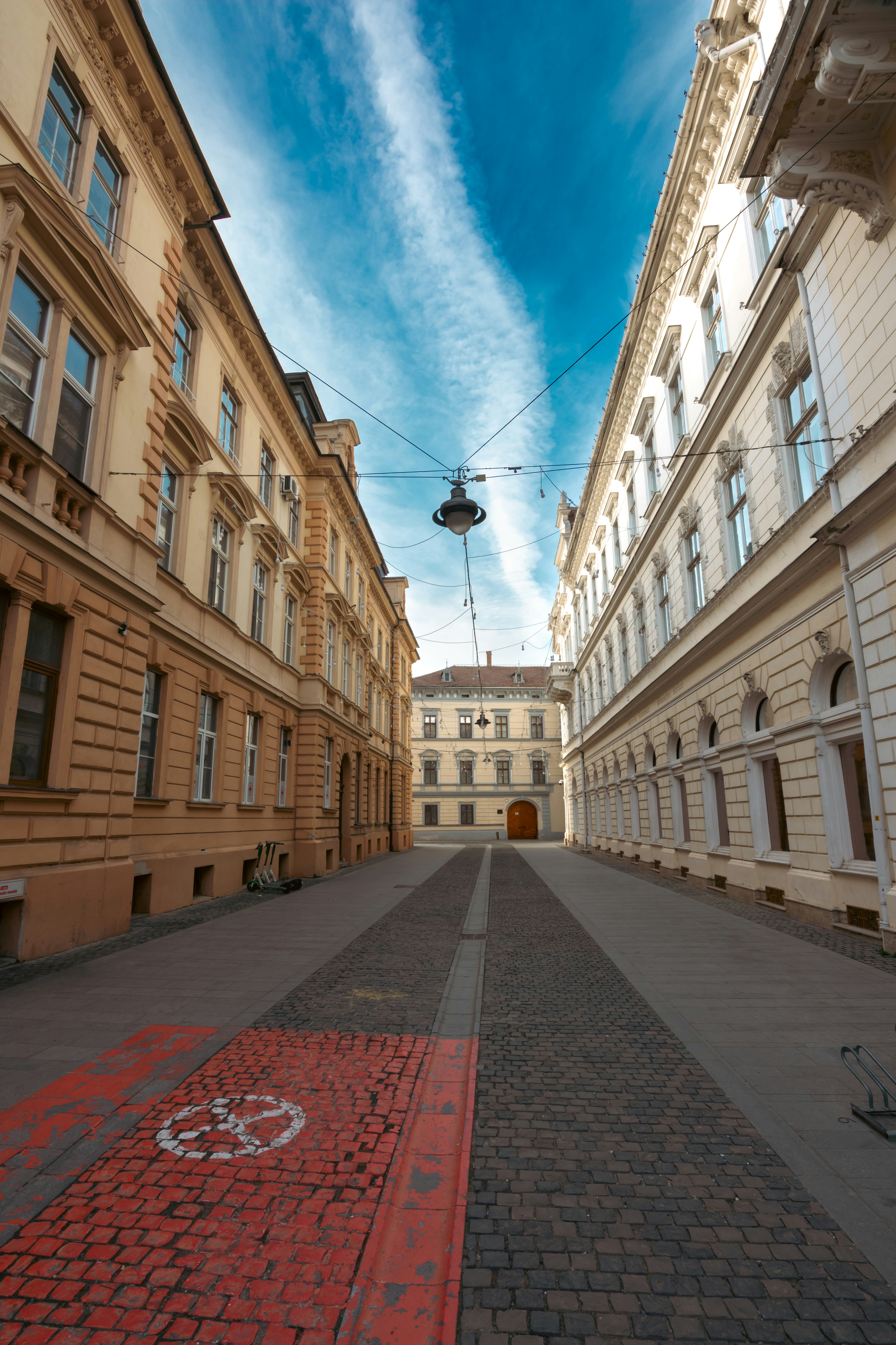 Cobblestone Avenue Framed by Historic Facades