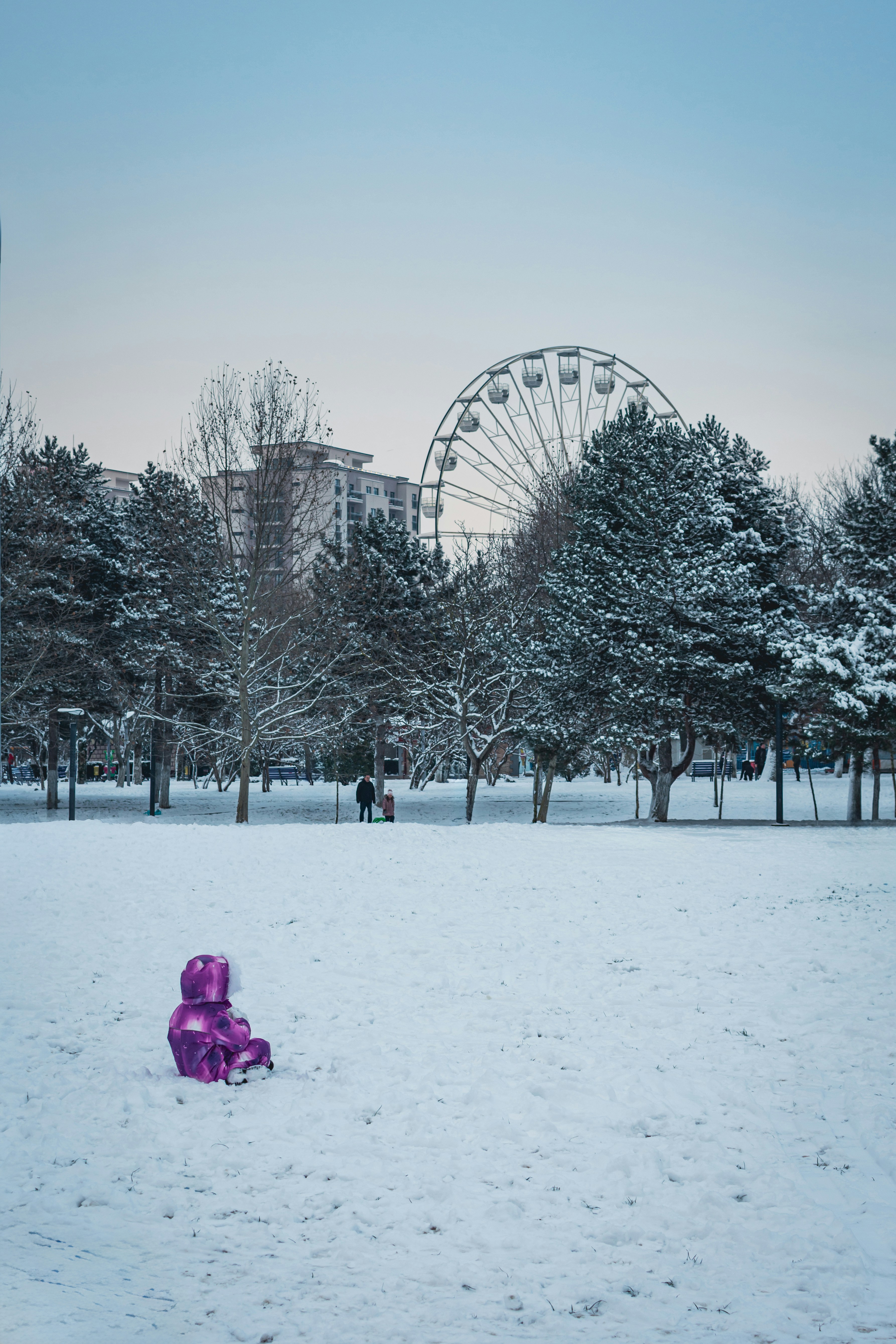 Quiet Winter Playground: A Violet Statuette Watches Over Snow-Lapped Park