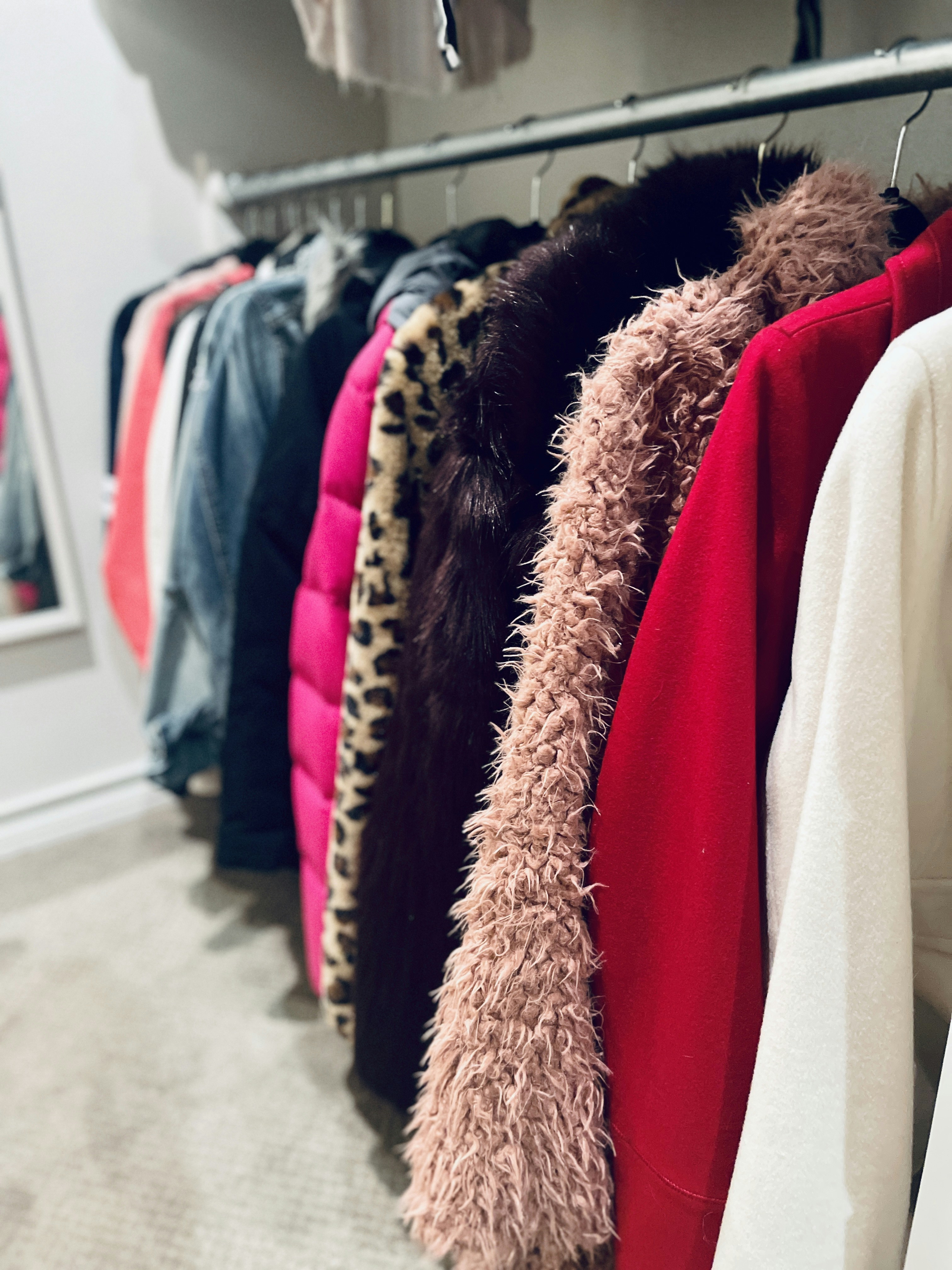 Vibrant Coat Rack: A Cascade of Textures on a Closet Bar
