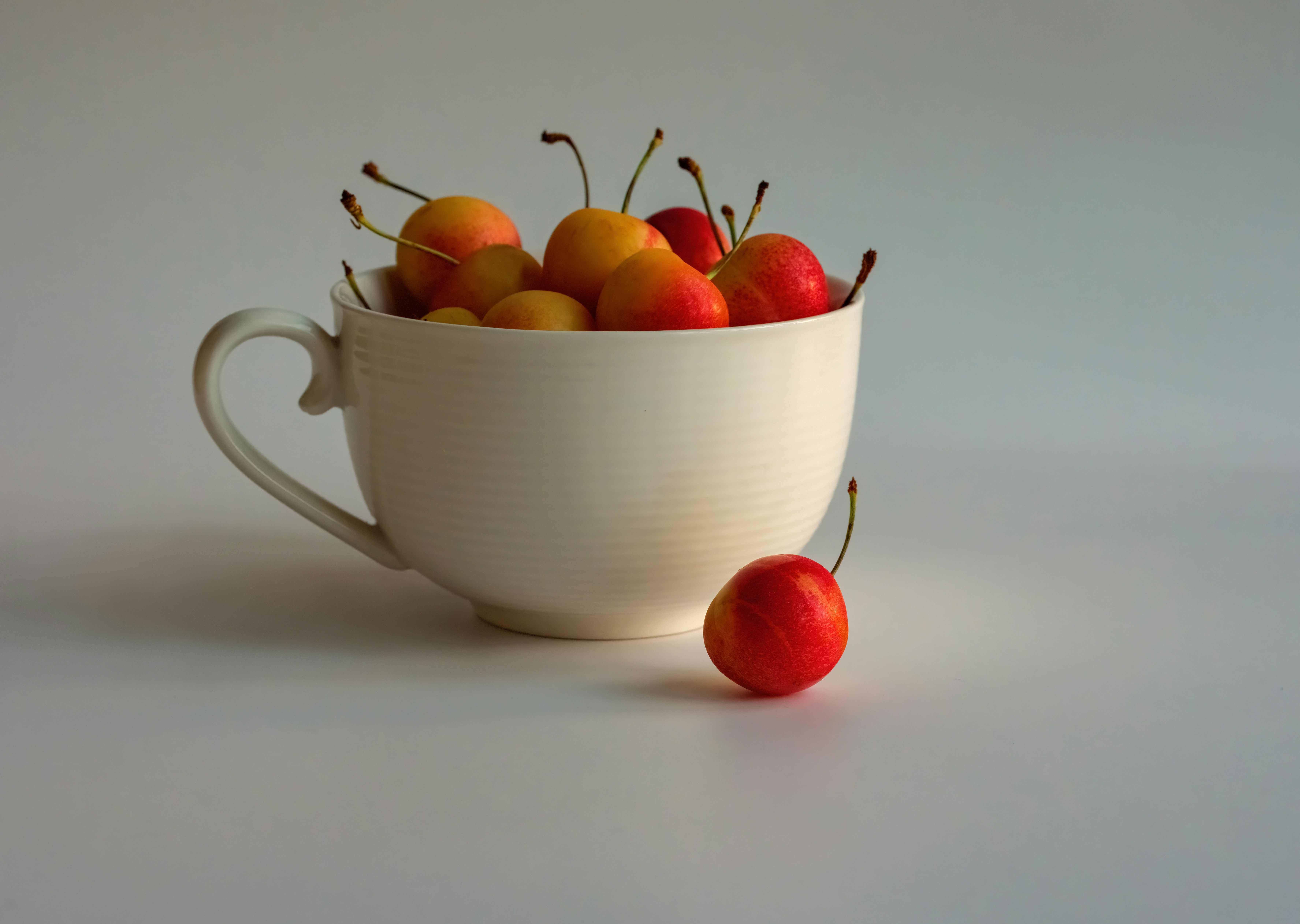 A white cup brimming with small oranges and cherries sits on a pale surface with a single fruit outside the cup, creating a calm still-life composition. This is a photography still life, focusing on simple fruit textures and soft shadows.