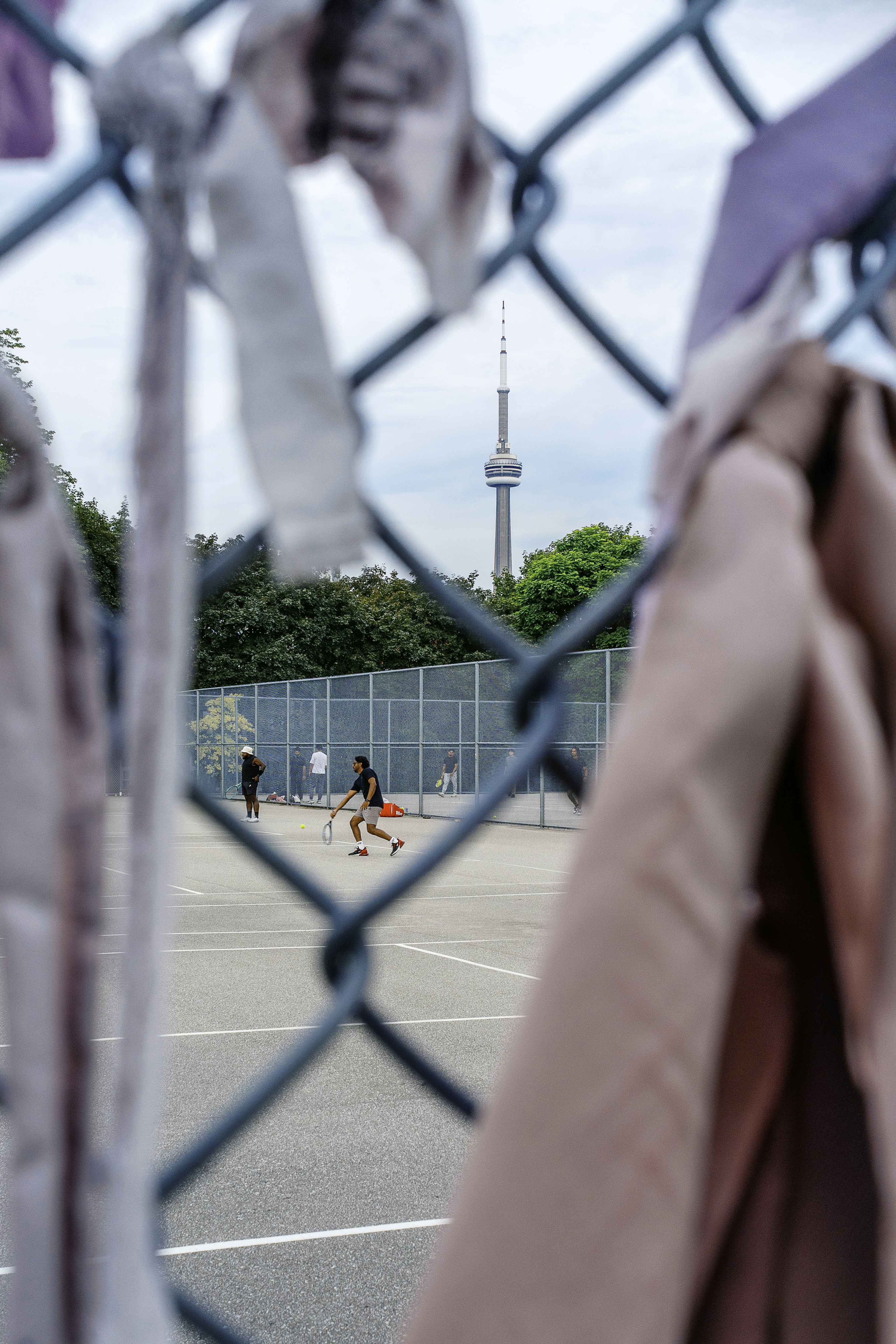 Tower in Focus: A Court Yard Frame Through the Chain-Link
