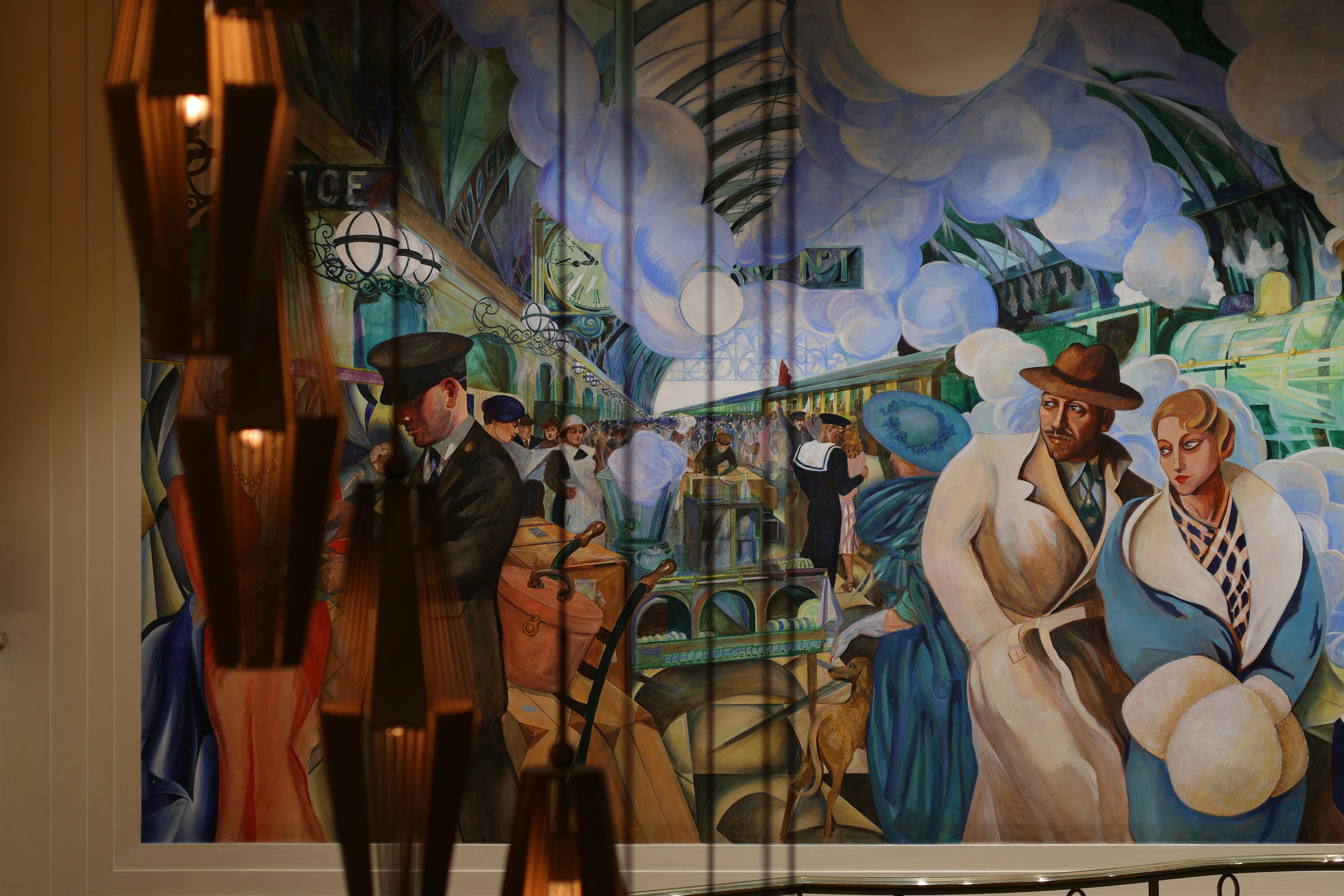 Mid-Century Mural Ensemble: Figures in a Dreamlike Atrium