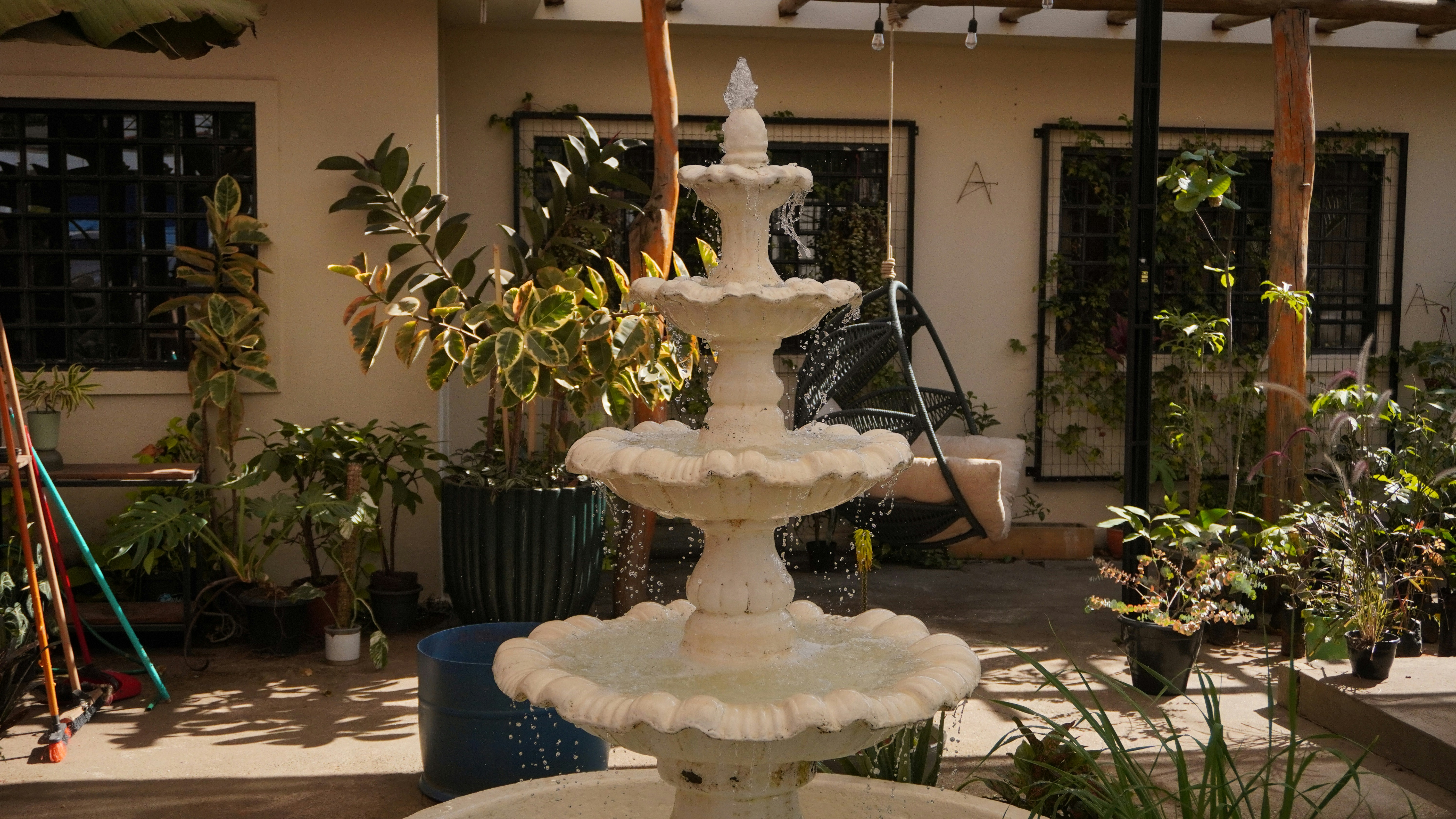Morning Light over a Courtyard Waterfall Fountain