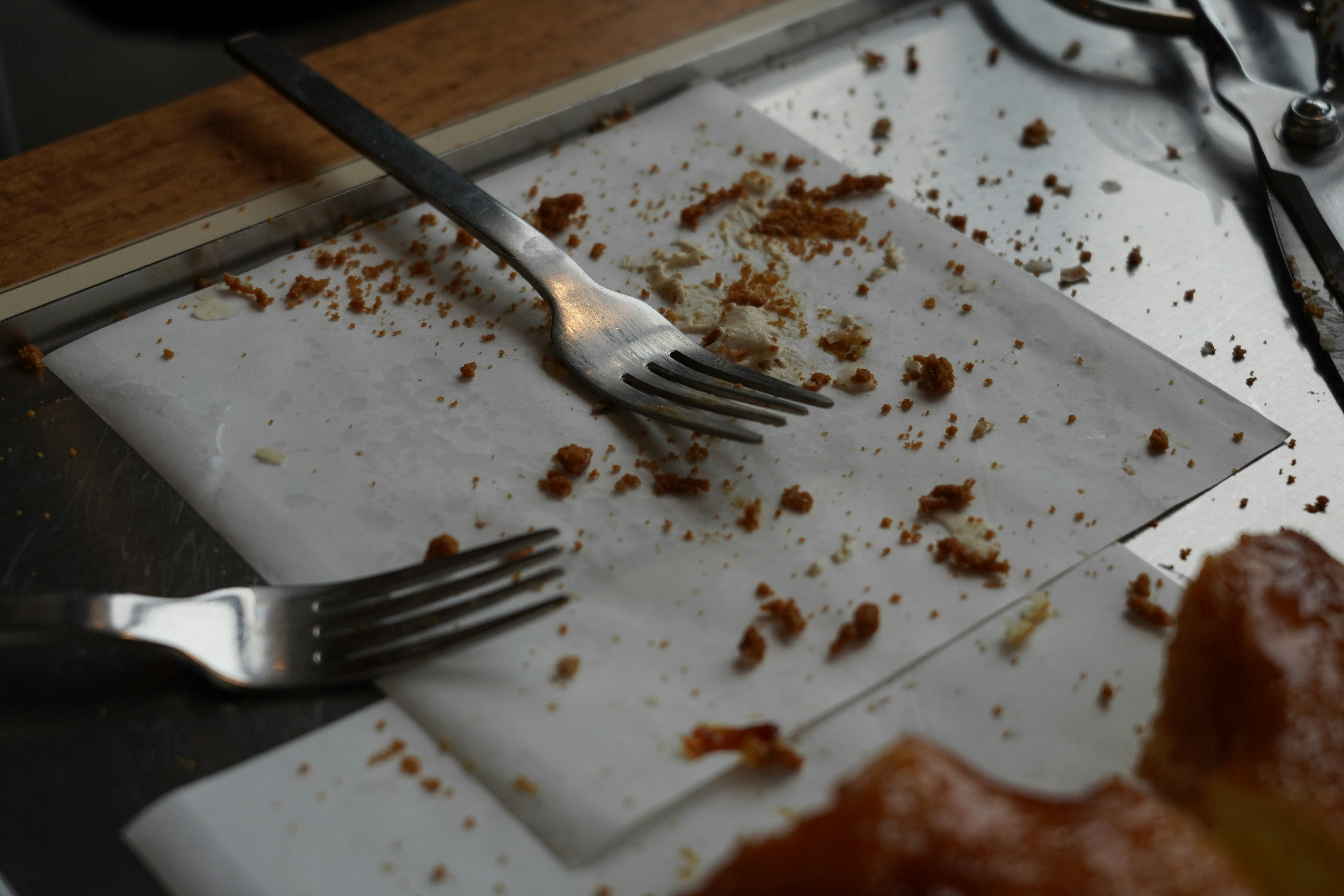 Spilled Plate Fragments and Forks on a Soiled Surface