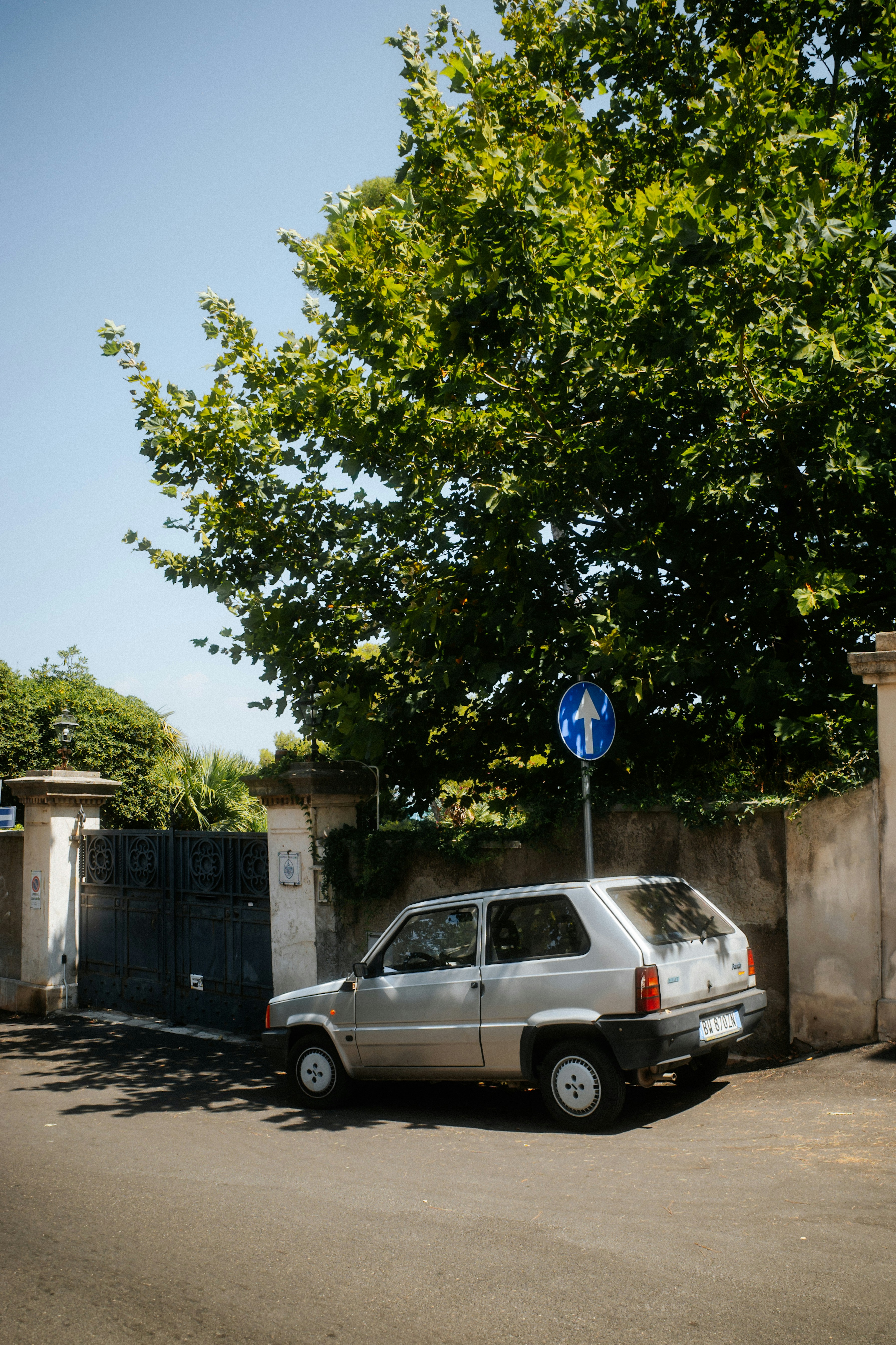 Sedan at the Gate: Sunlit Street Scene with Lush Tree Canopy